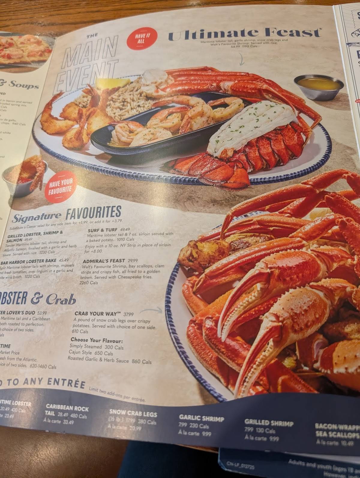 Menu at Red Lobster restaurant, Barrie