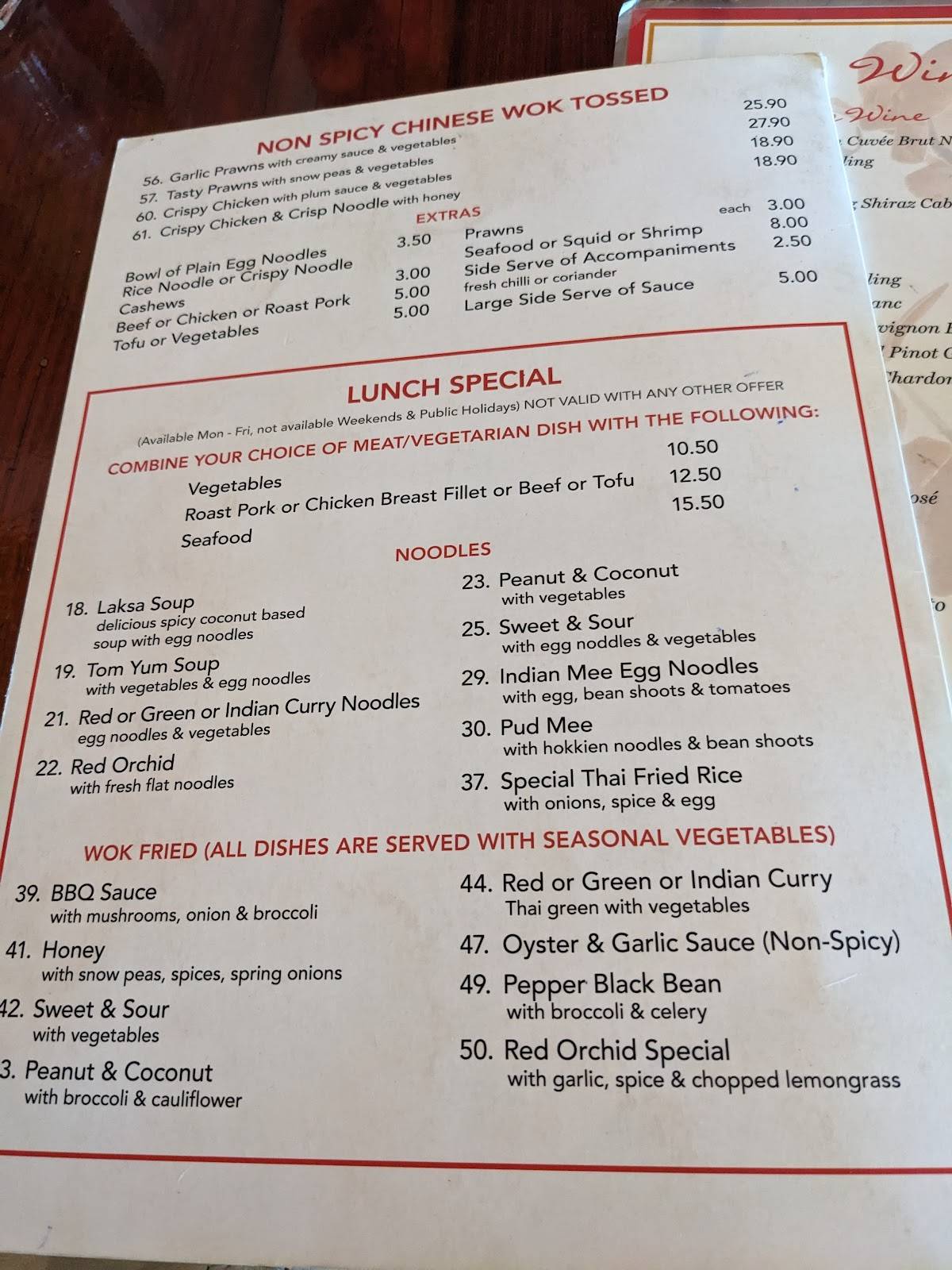 Menu at Red Orchid restaurant, Victor Harbor