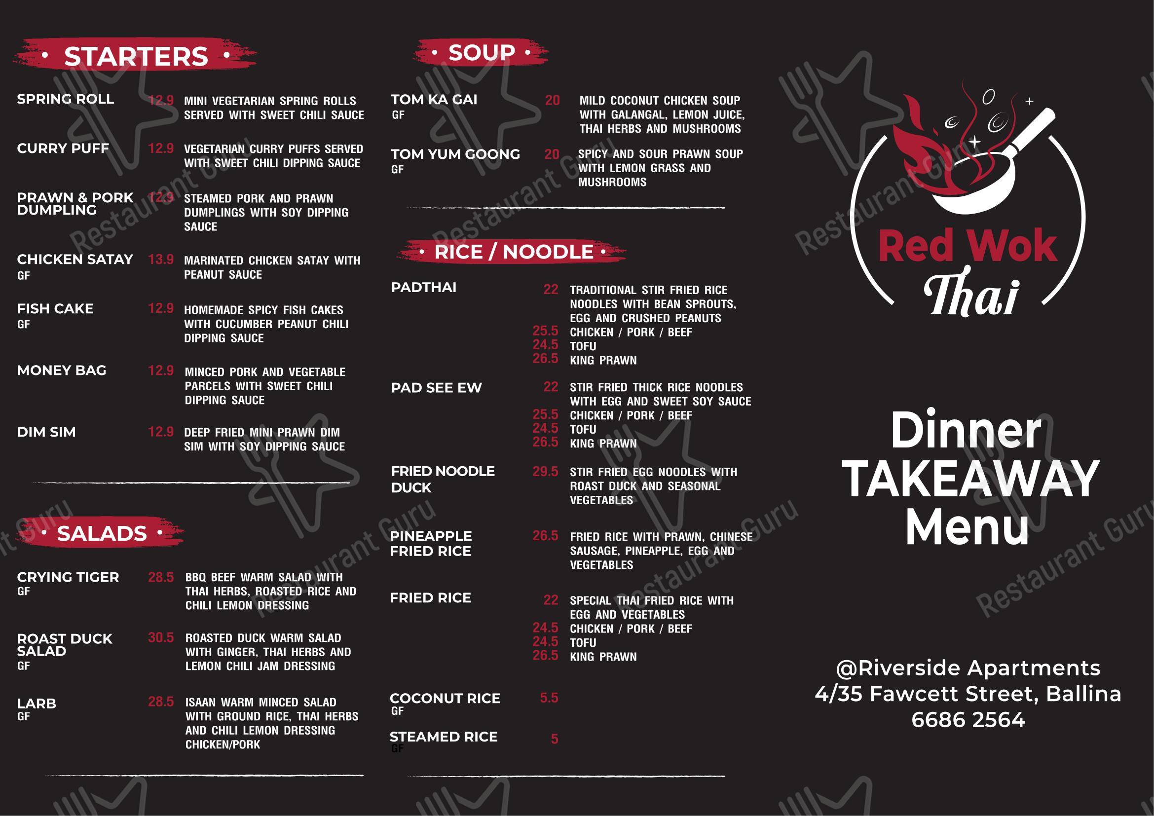 Menu at Red Wok Thai restaurant, Ballina, 35 Fawcett St