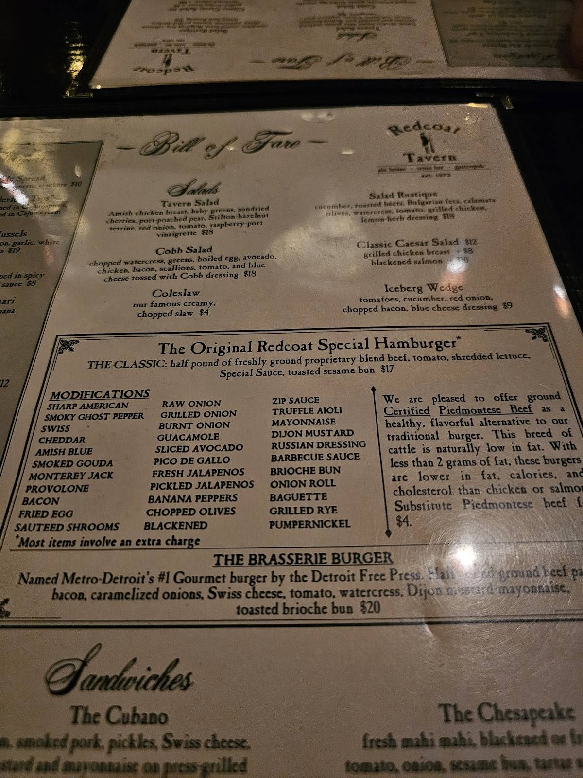 Menu at Redcoat Tavern pub & bar, West Bloomfield Township, Orchard Lake Rd