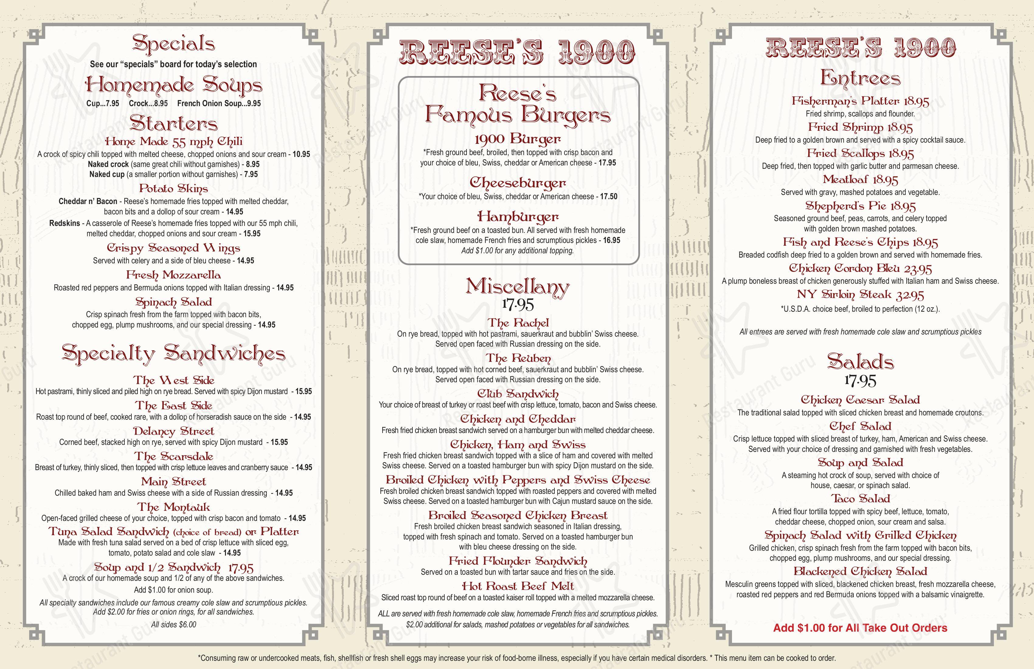 Menu at Reese's 1900 pub & bar, Patchogue