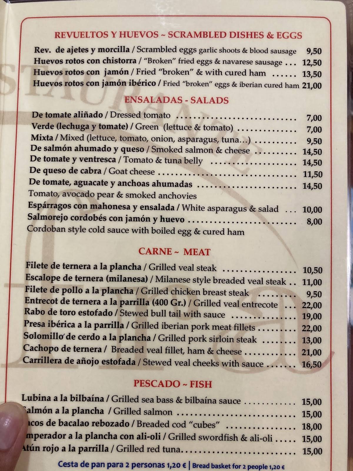 Menu at Refra Restaurant, Madrid