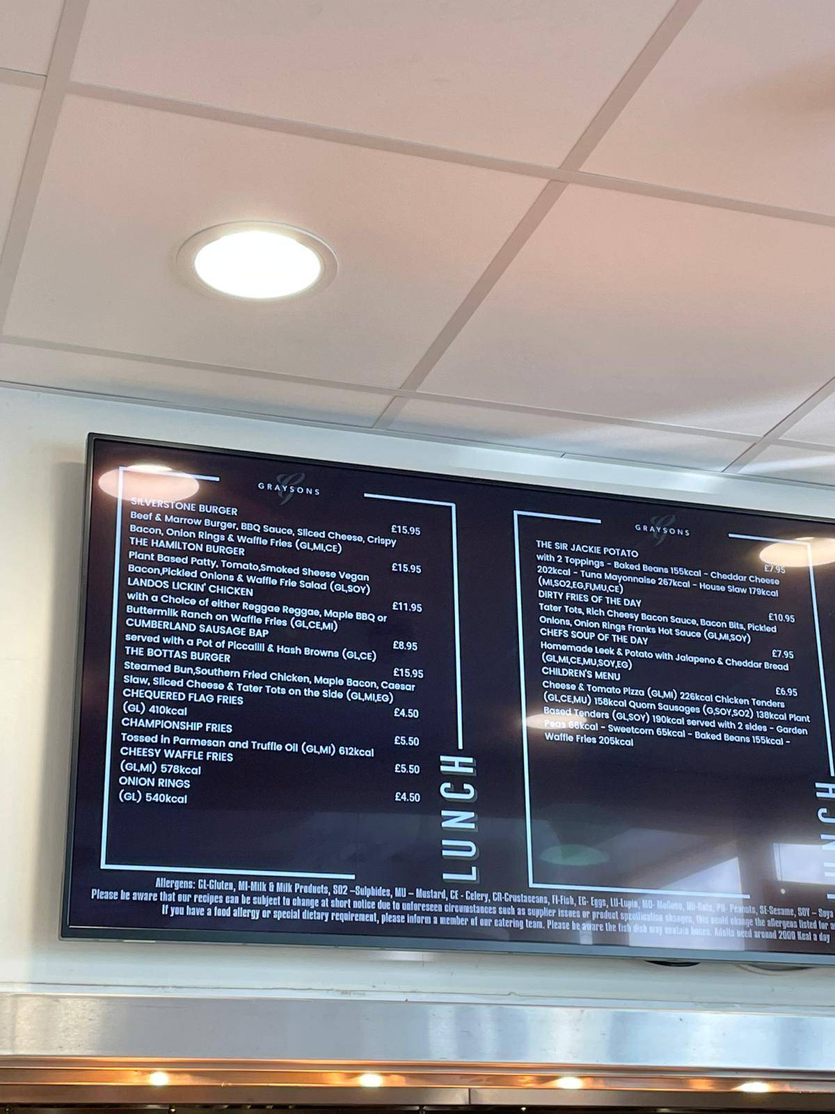 Menu at Refuel Cafe, Silverstone Museum, Silverstone