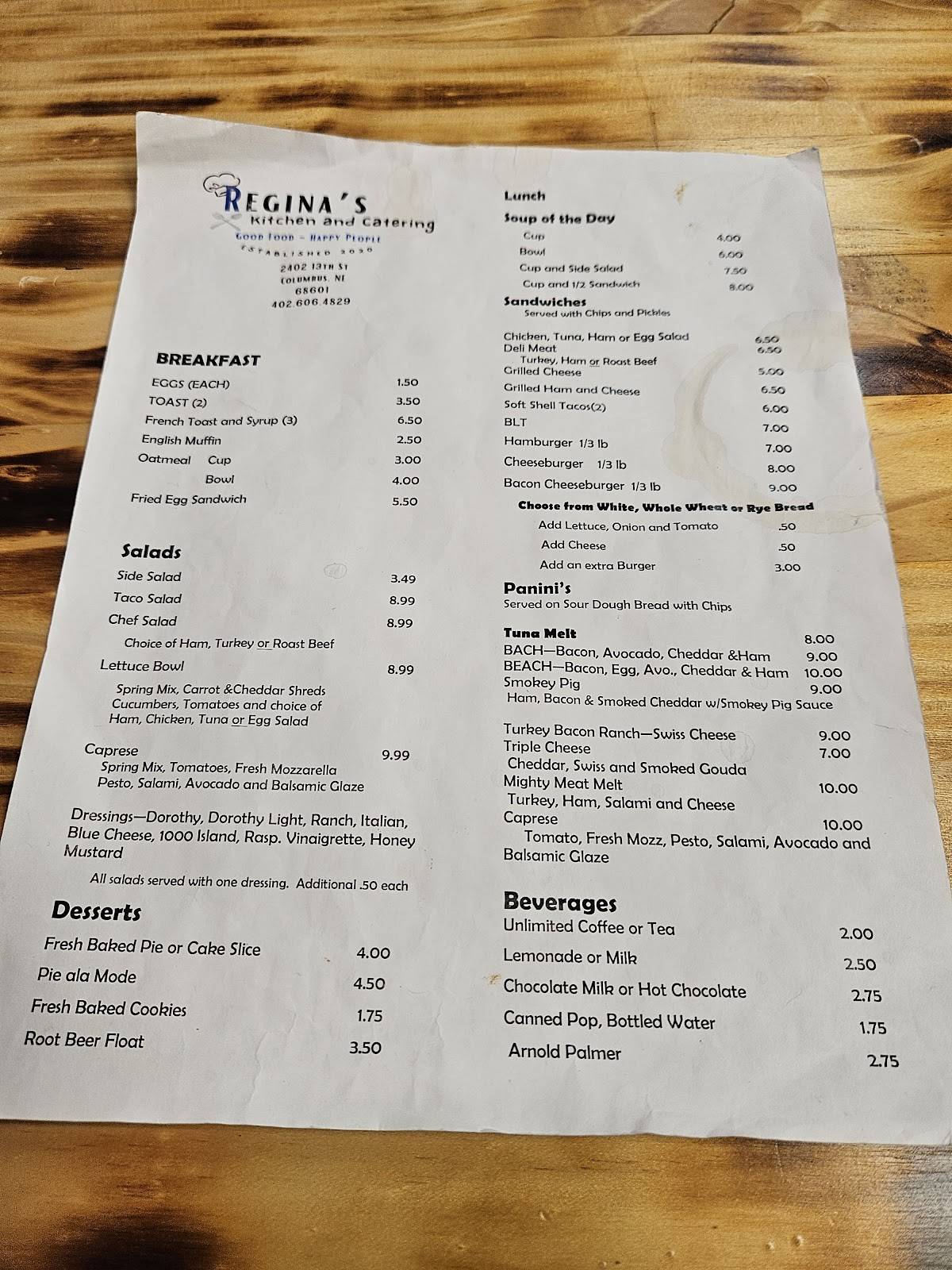 Menu at Regina's Kitchen restaurant, Columbus