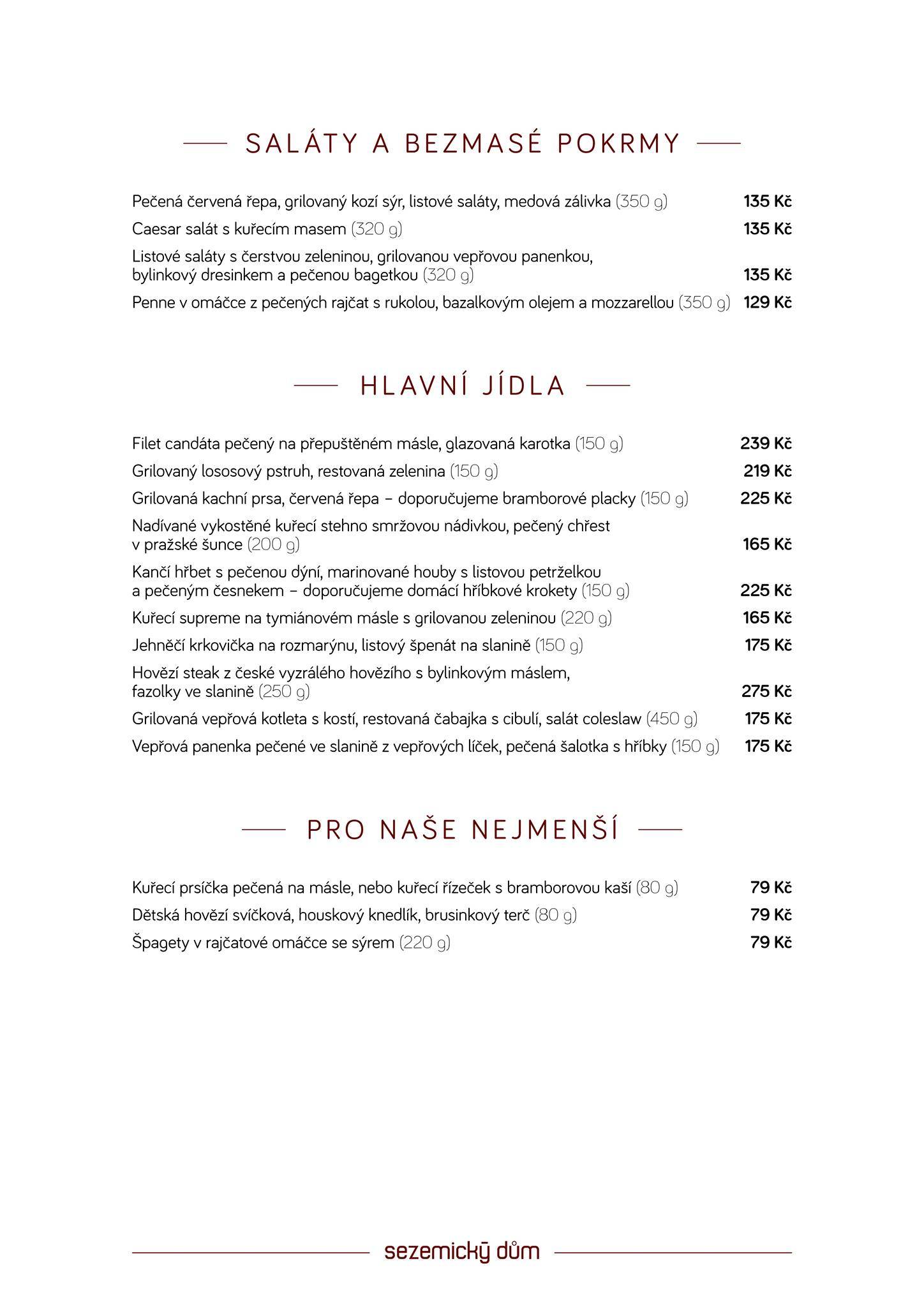 Menu at Restaurace Sezemický dům restaurant, Sezemice