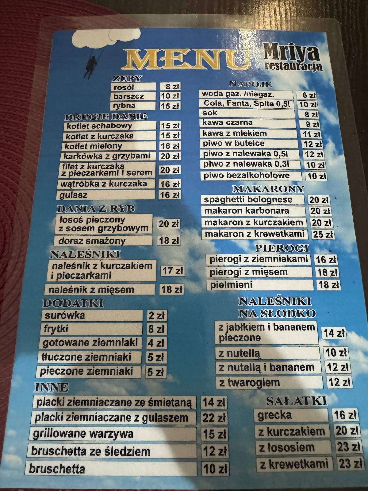 Menu at Restauracja Mriya restaurant, Gryfino