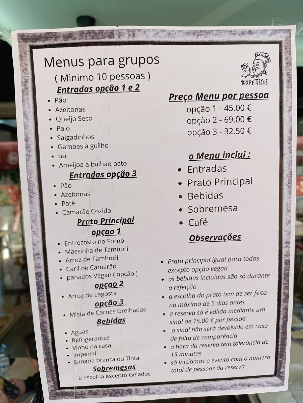 Menu em 100 Petiscos restaurante, Charneca de Caparica