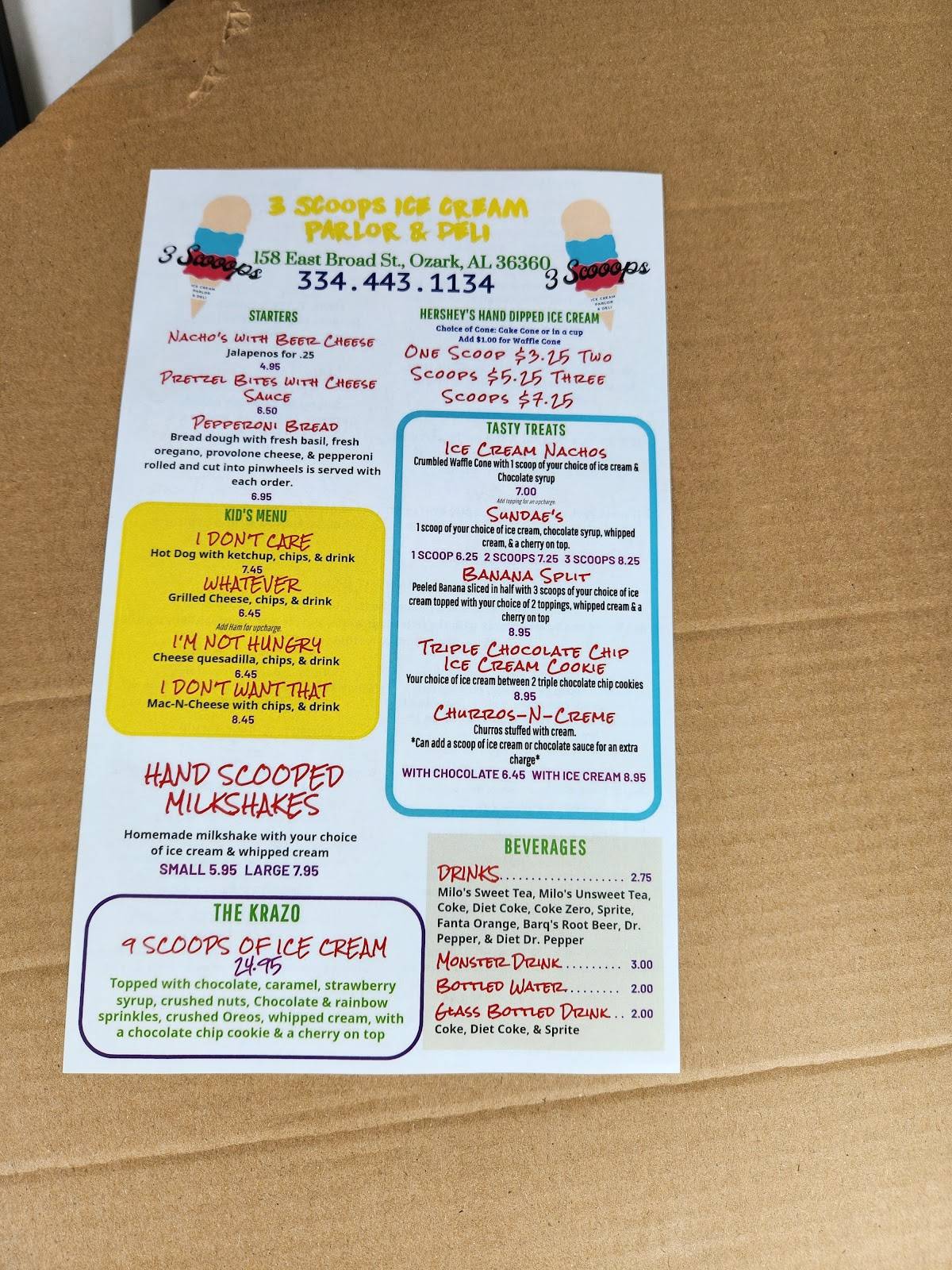 Menu at 3 Scoops Ice Cream Parlor & Deli, Ozark
