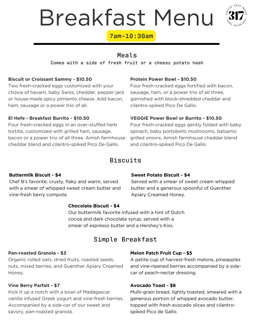 Menu at 317 Coffee & Cafe, Little Rock
