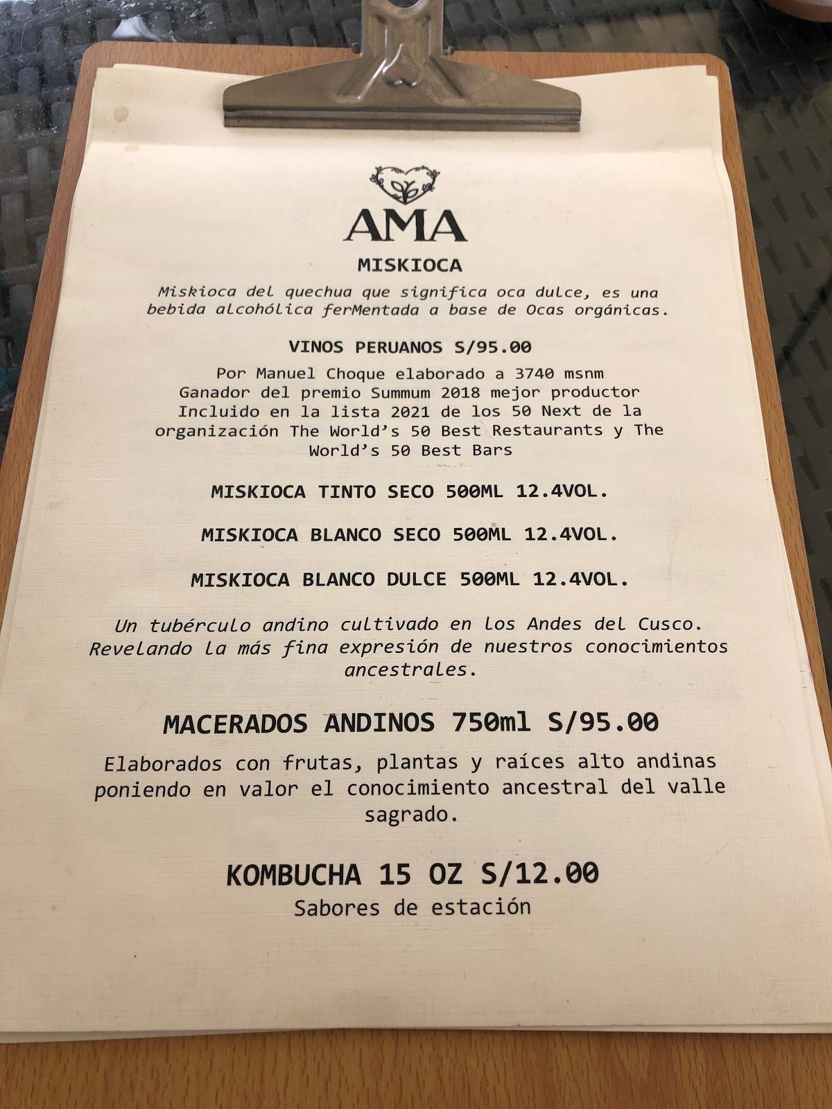 Menu at AMA Restaurant Urubamba, Urubamba