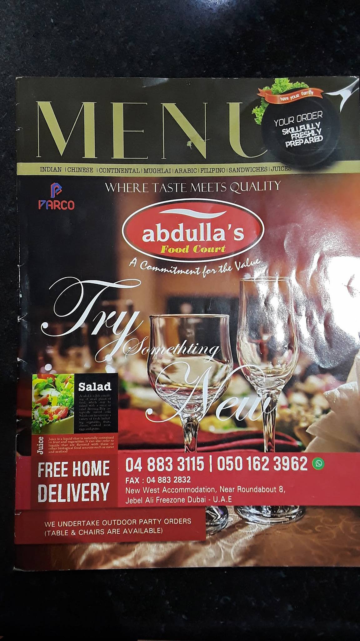 Menu at Abdulla's Food Court restaurant, Dubai