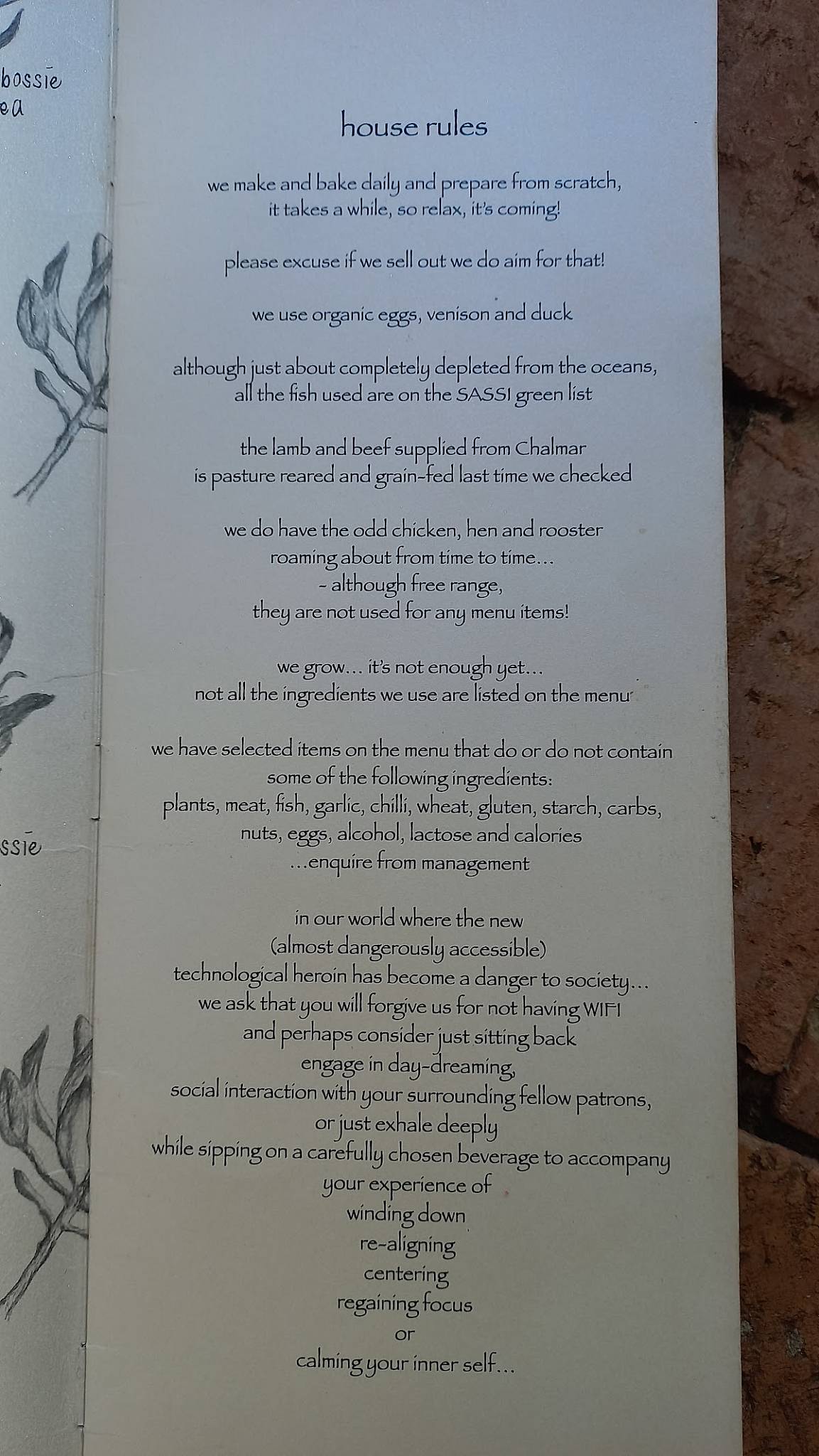 Menu at Afro-Boer cafe, Pretoria