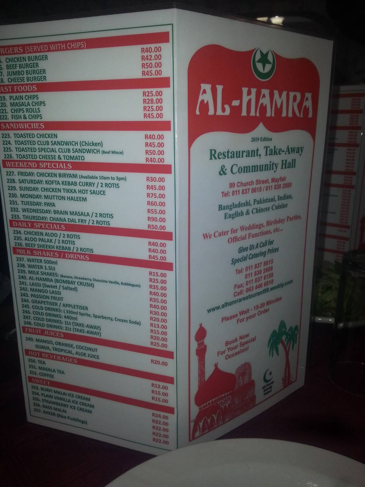 Menu at Al-Hamra Restaurant, Johannesburg, 99 Church St