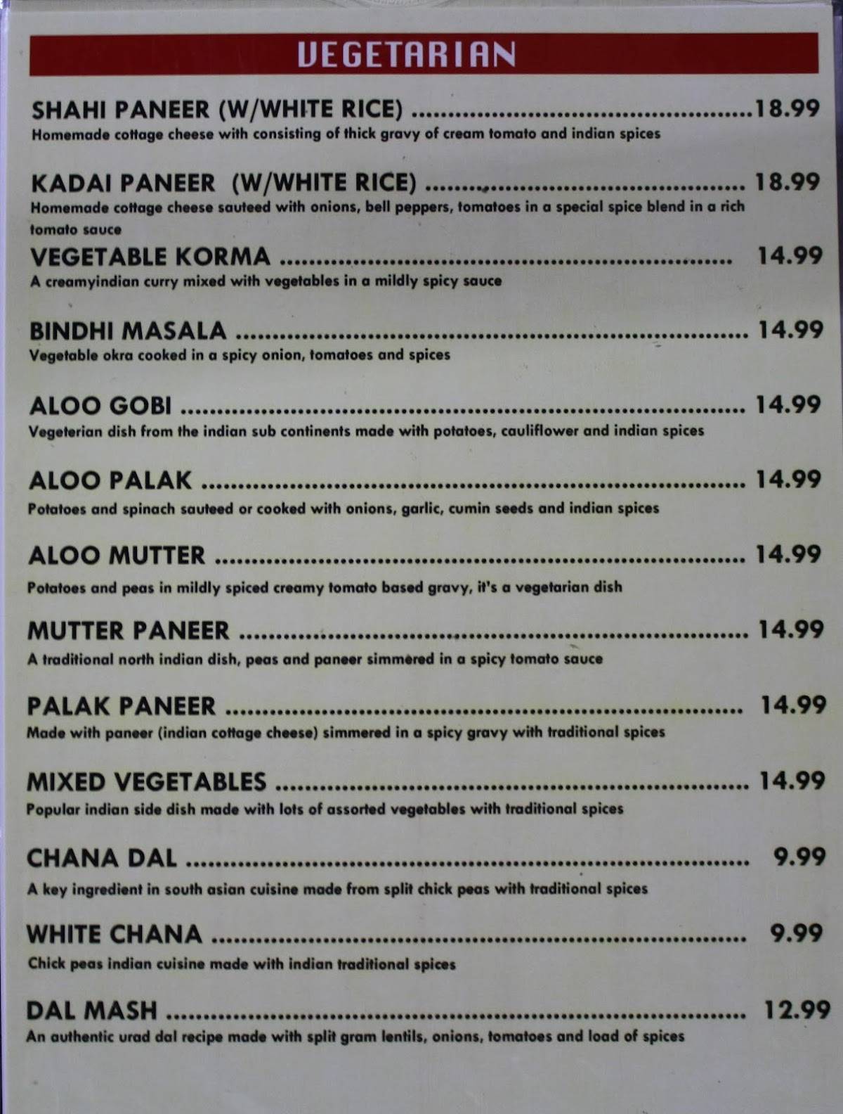 Carta de Aladdin Indian & Pakistani Restaurant (Halal), Centereach
