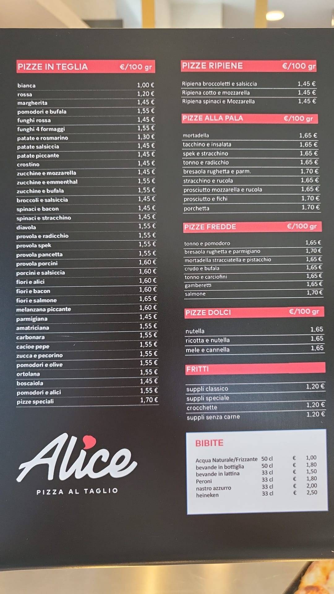 Speisekarte von Alice Pizza Aranova, ROM