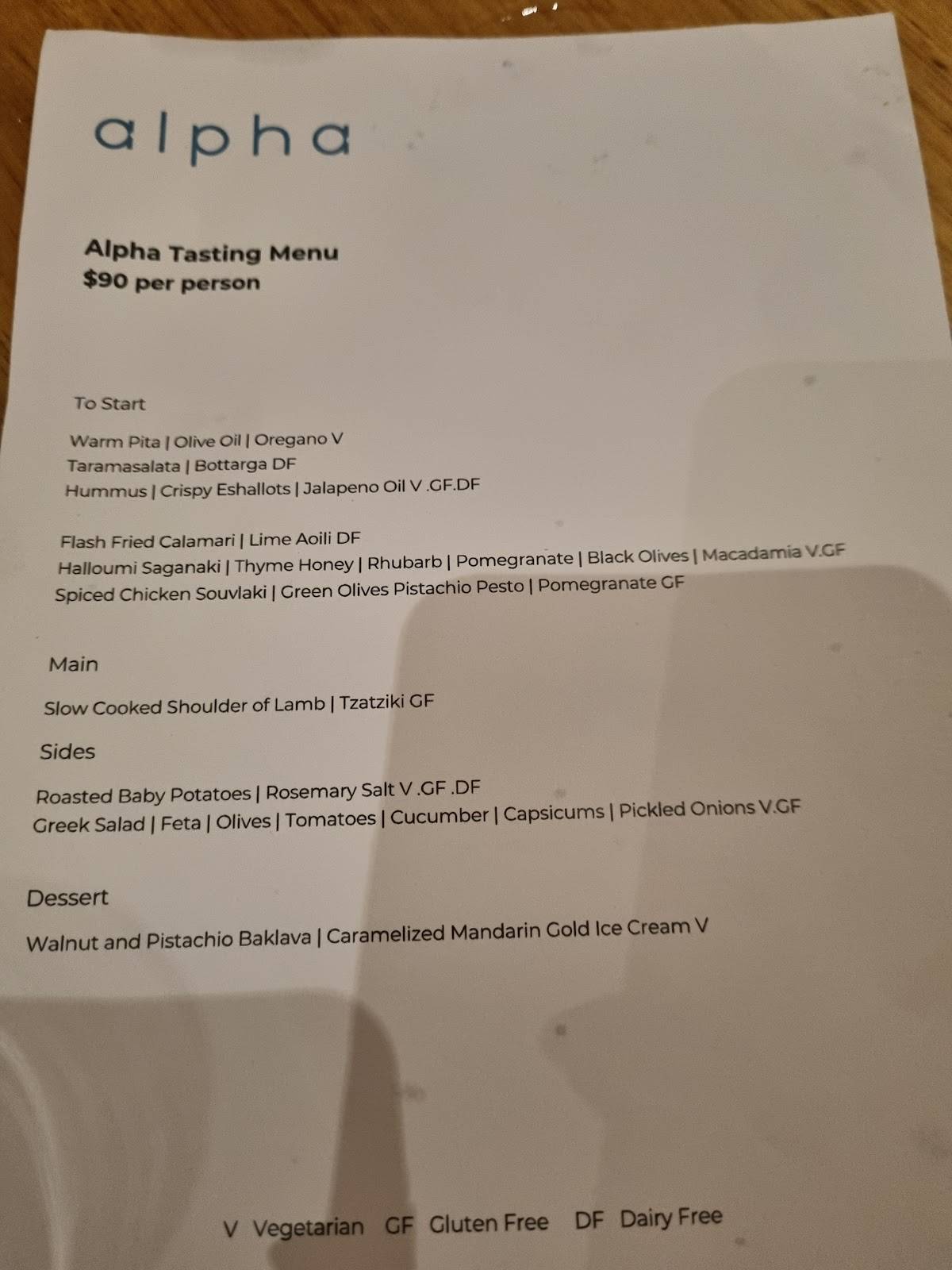 Menu at Alpha Dining restaurant, Sydney