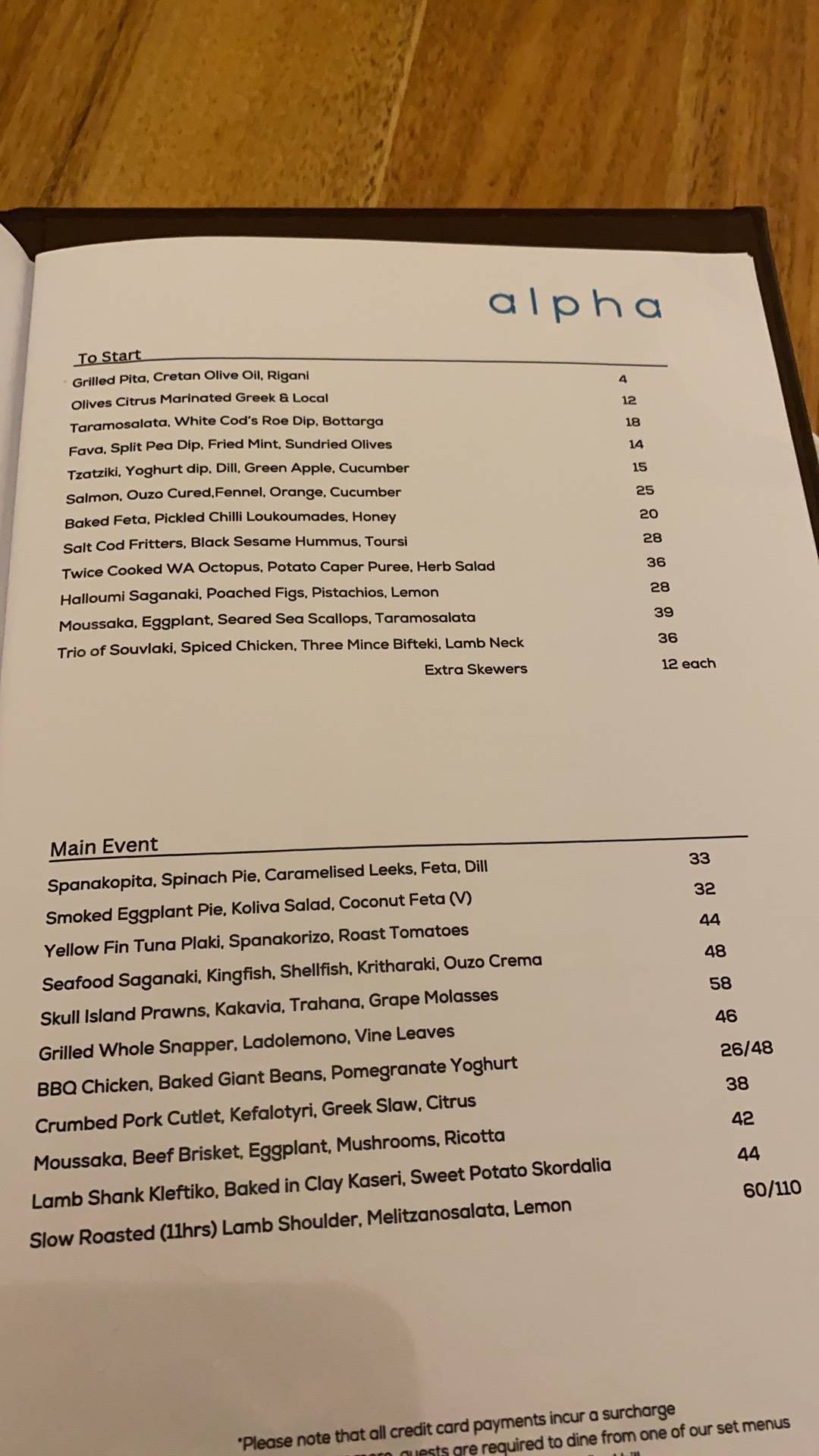Menu at Alpha Dining restaurant, Sydney