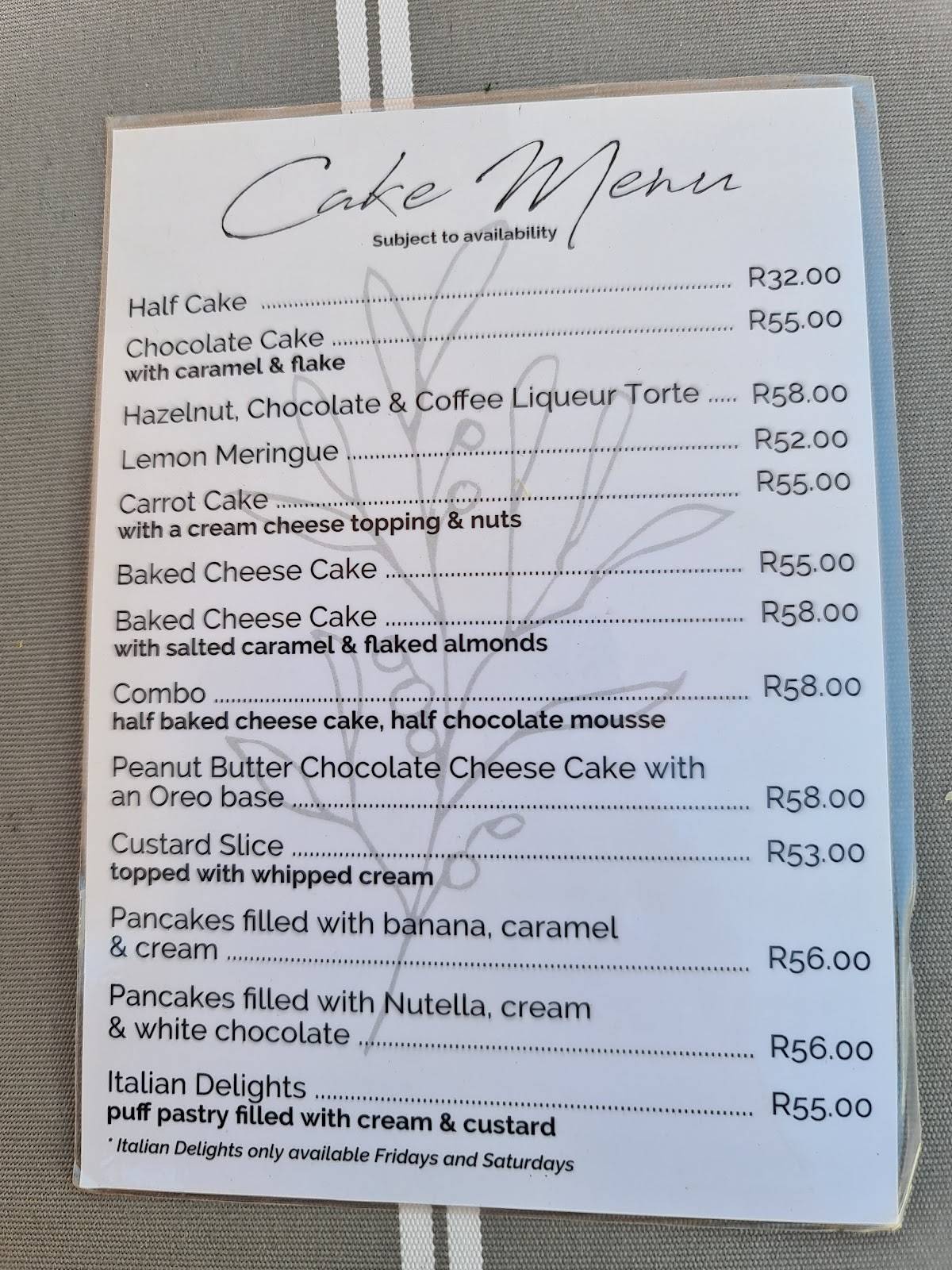 Menu at Ana-Paula's Coffee Shop restaurant, Krugersdorp