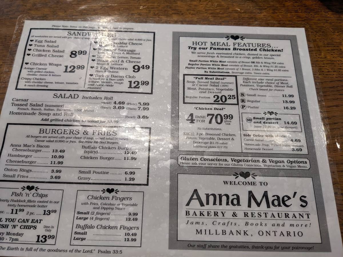 Menu at Anna Mae's Bakery & Restaurant, Millbank