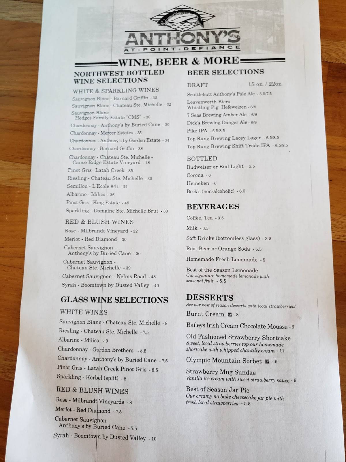 Menu at Anthony's At Point Defiance restaurant, Tacoma