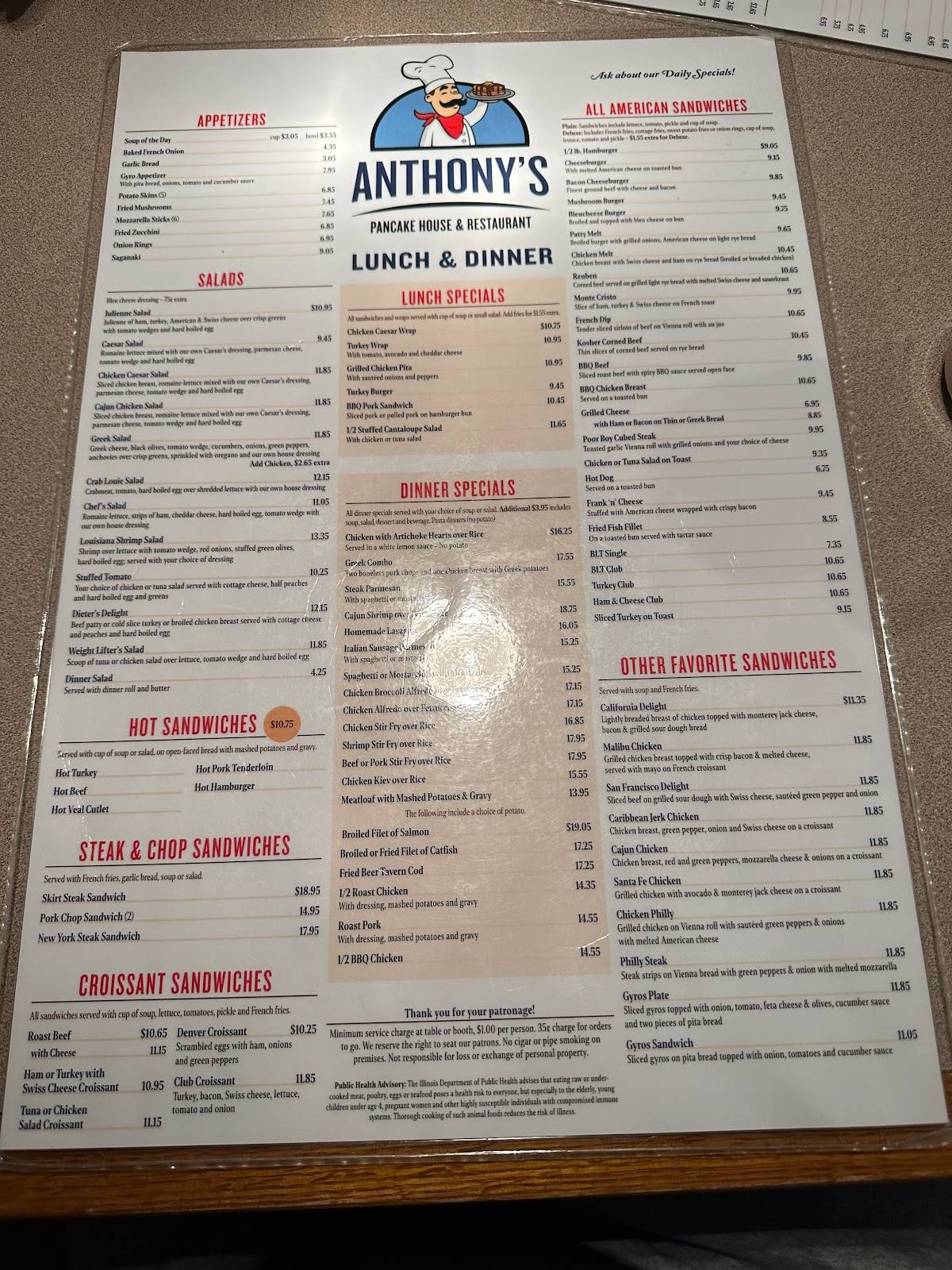 Menu at Anthony's Pancake House & Restaurant, Lockport