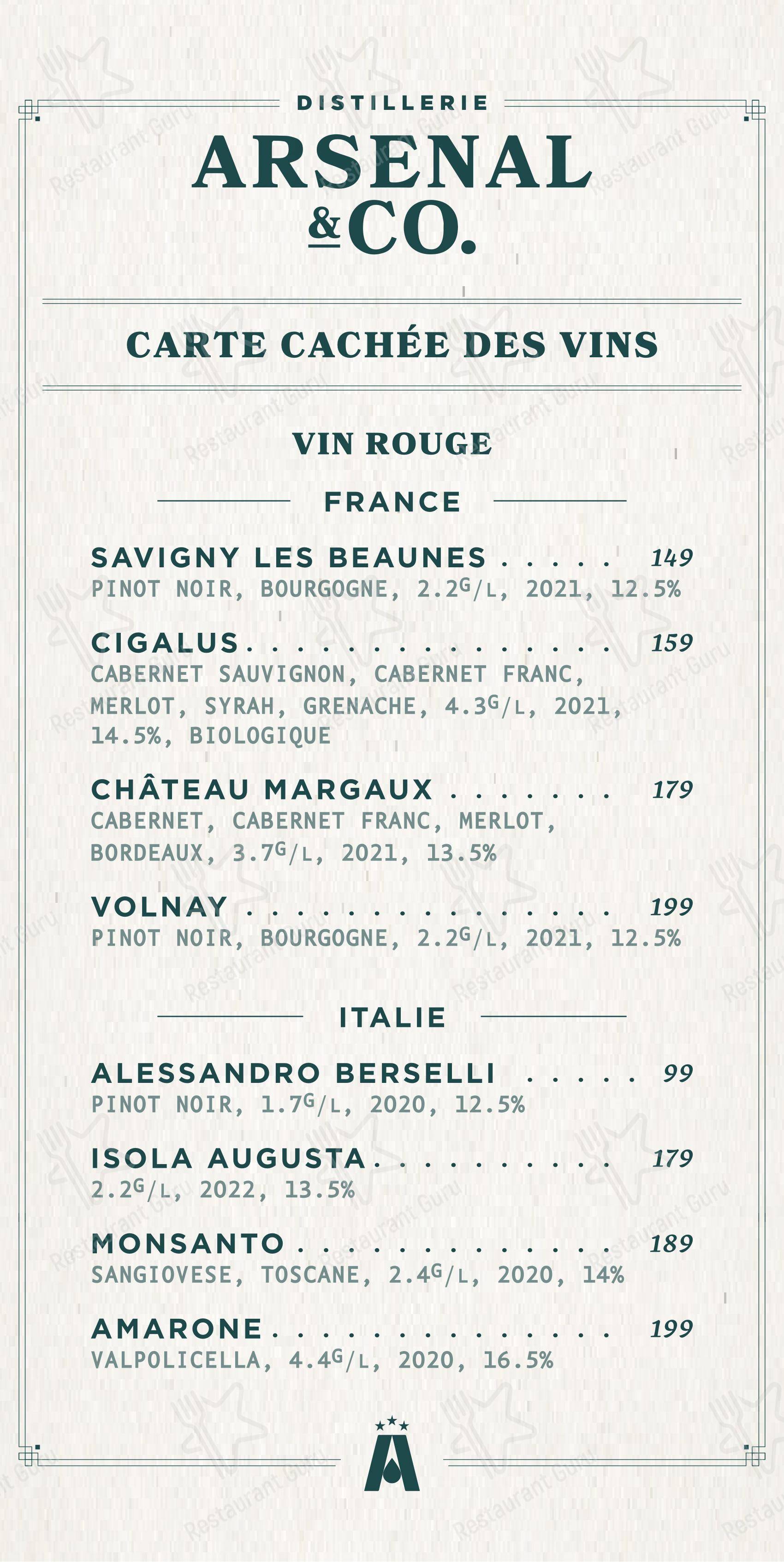 Menu au Restaurant Arsenal & Co., Québec