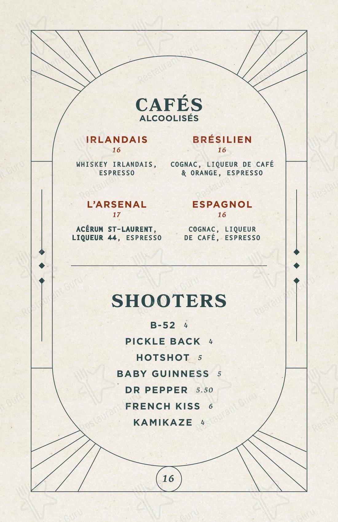 Menu au Restaurant Arsenal & Co., Québec