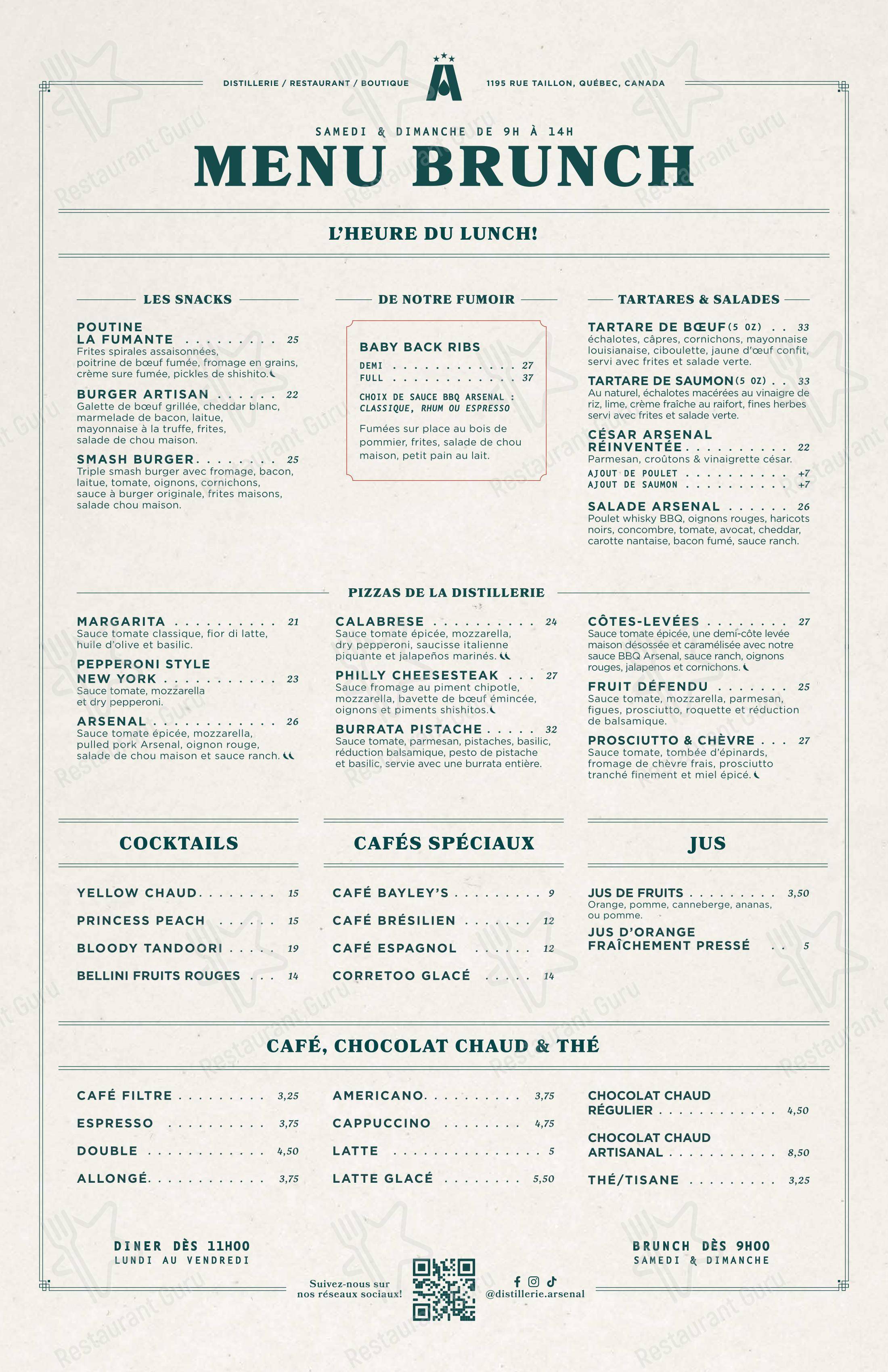 Menu au Restaurant Arsenal & Co., Québec