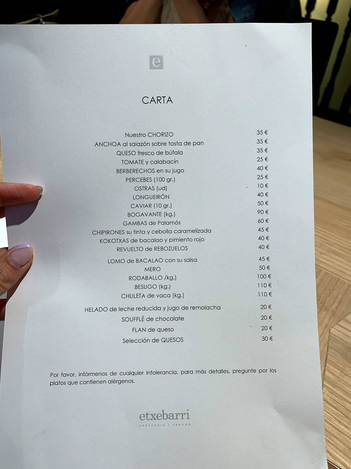 Menu at Asador Etxebarri, Axpe
