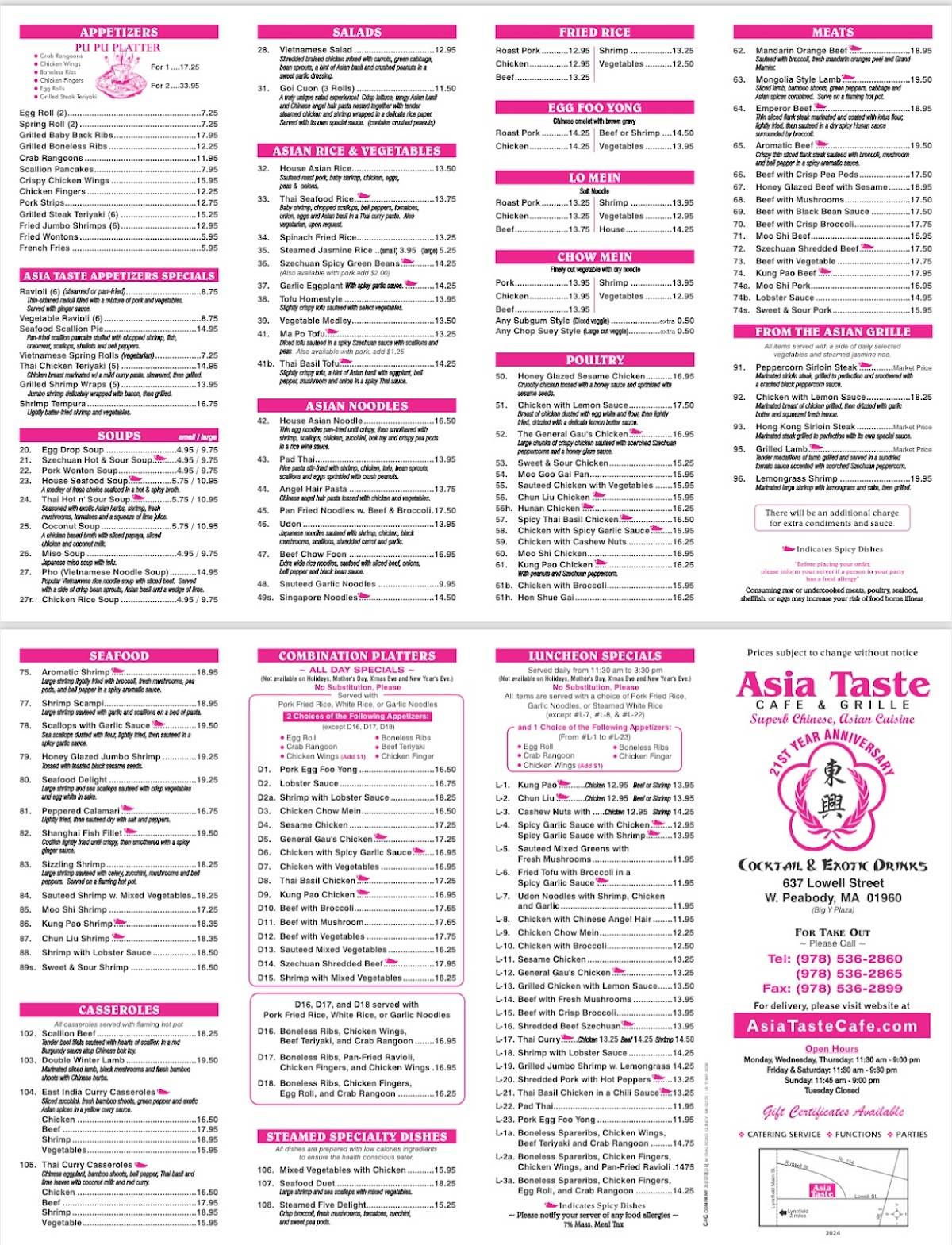Menu at Asia Taste Cafe & Grille, Peabody