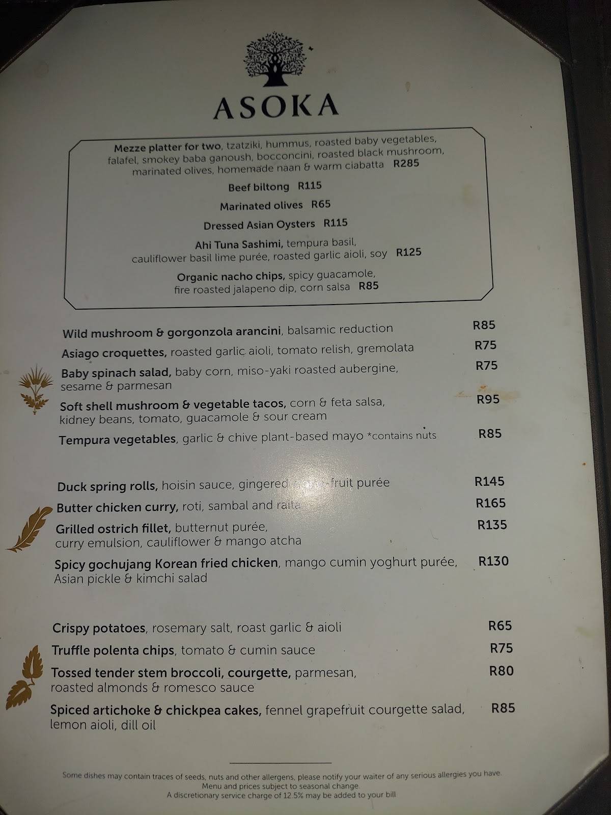 Menu at Asoka Restaurant, Bar and Lounge, Cape Town