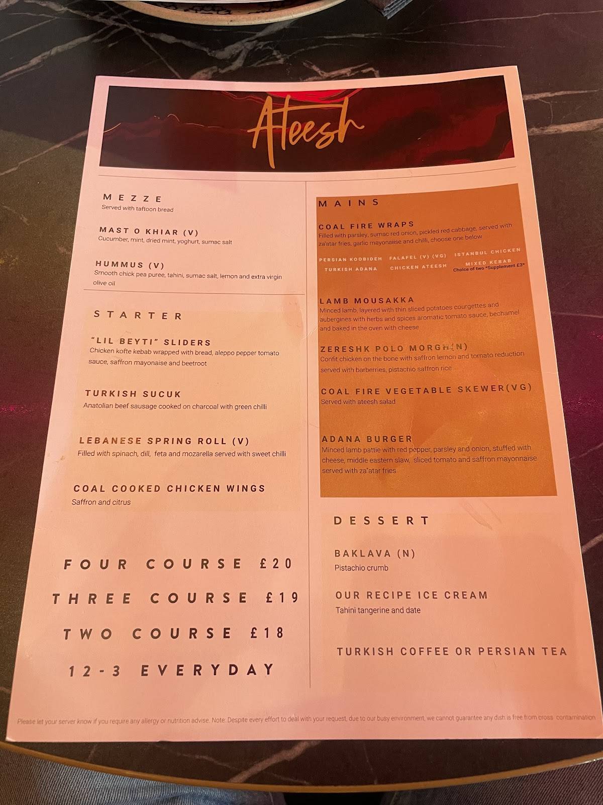 Menu at Ateesh restaurant, Newcastle upon Tyne
