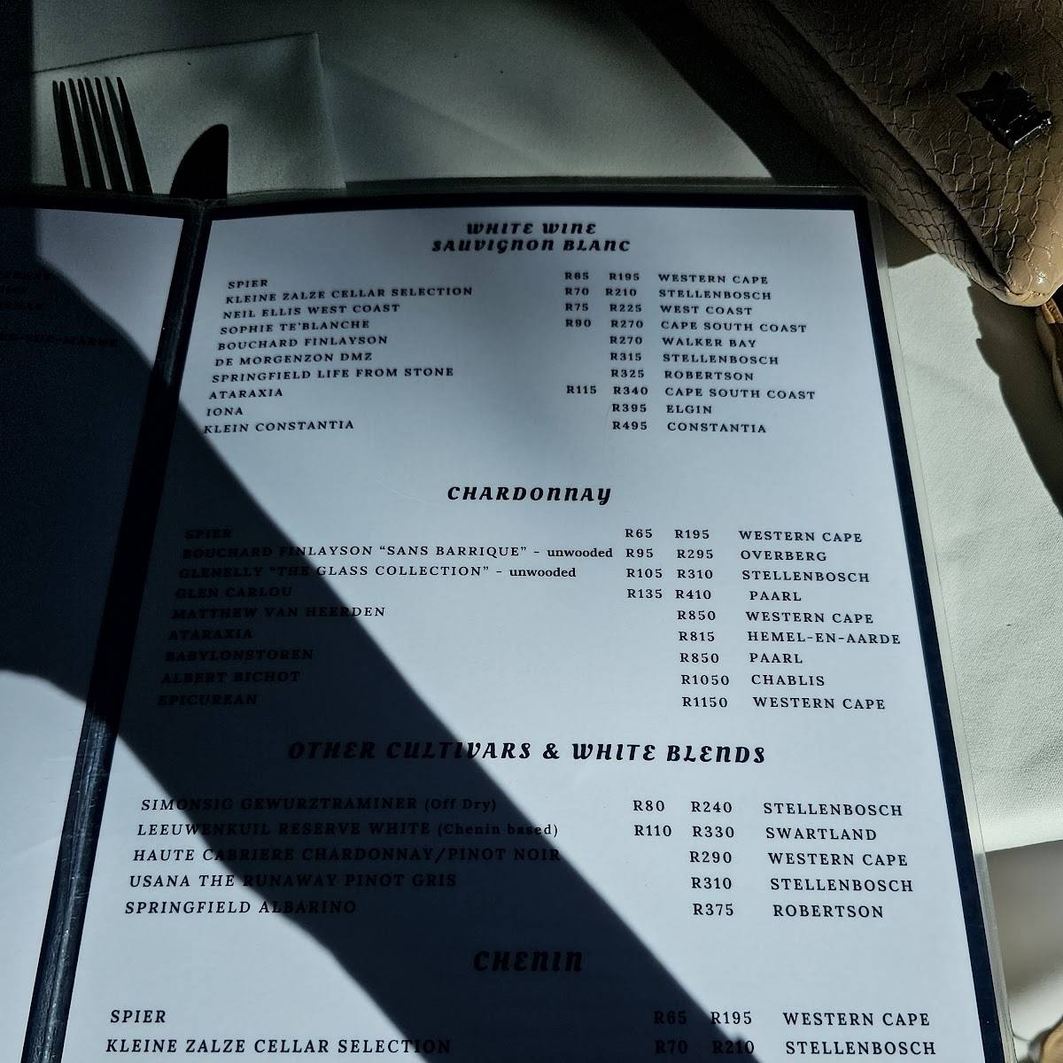 Menu at BELLAGIO restaurant, Johannesburg, 257 Oxford Rd