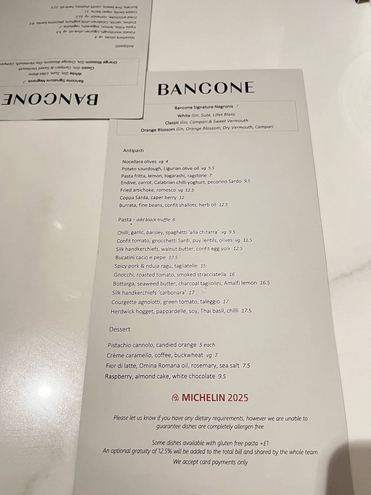 Menu at Bancone Covent Garden restaurant, London, 39 William IV St