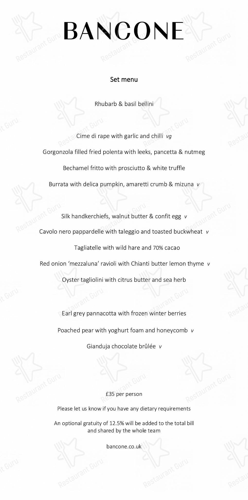 Menu at Bancone Covent Garden restaurant, London, 39 William IV St