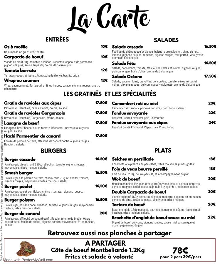 Menu au Restaurant Bar La Cascade, Aigueblanche