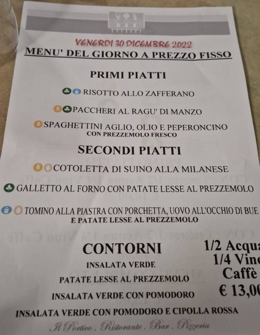 Menu da Bar Ristorante Pizzeria Il Portico, Montalto Pavese