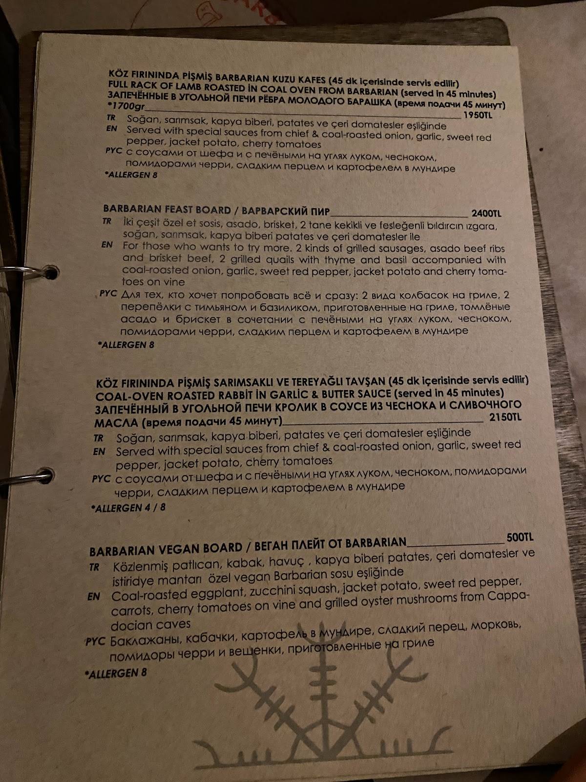 Menu at Barbarian Medieval Tavern, Ürgüp