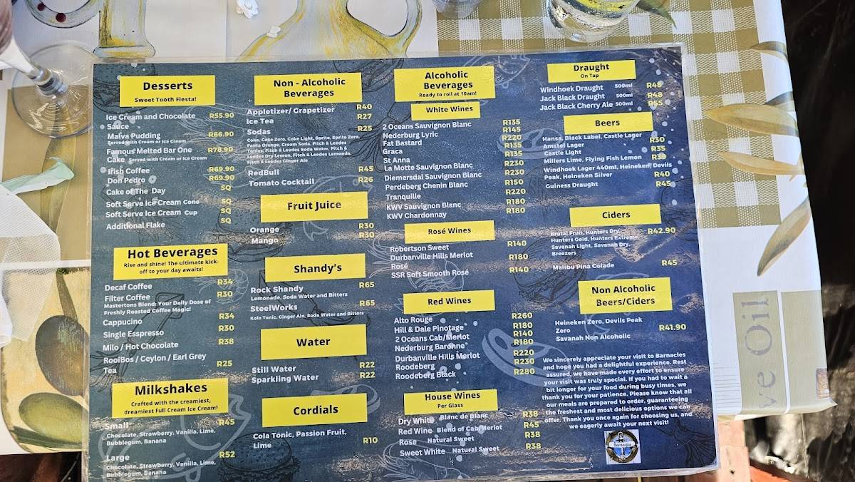 Menu at Barnacles Restaurant, Port Elizabeth