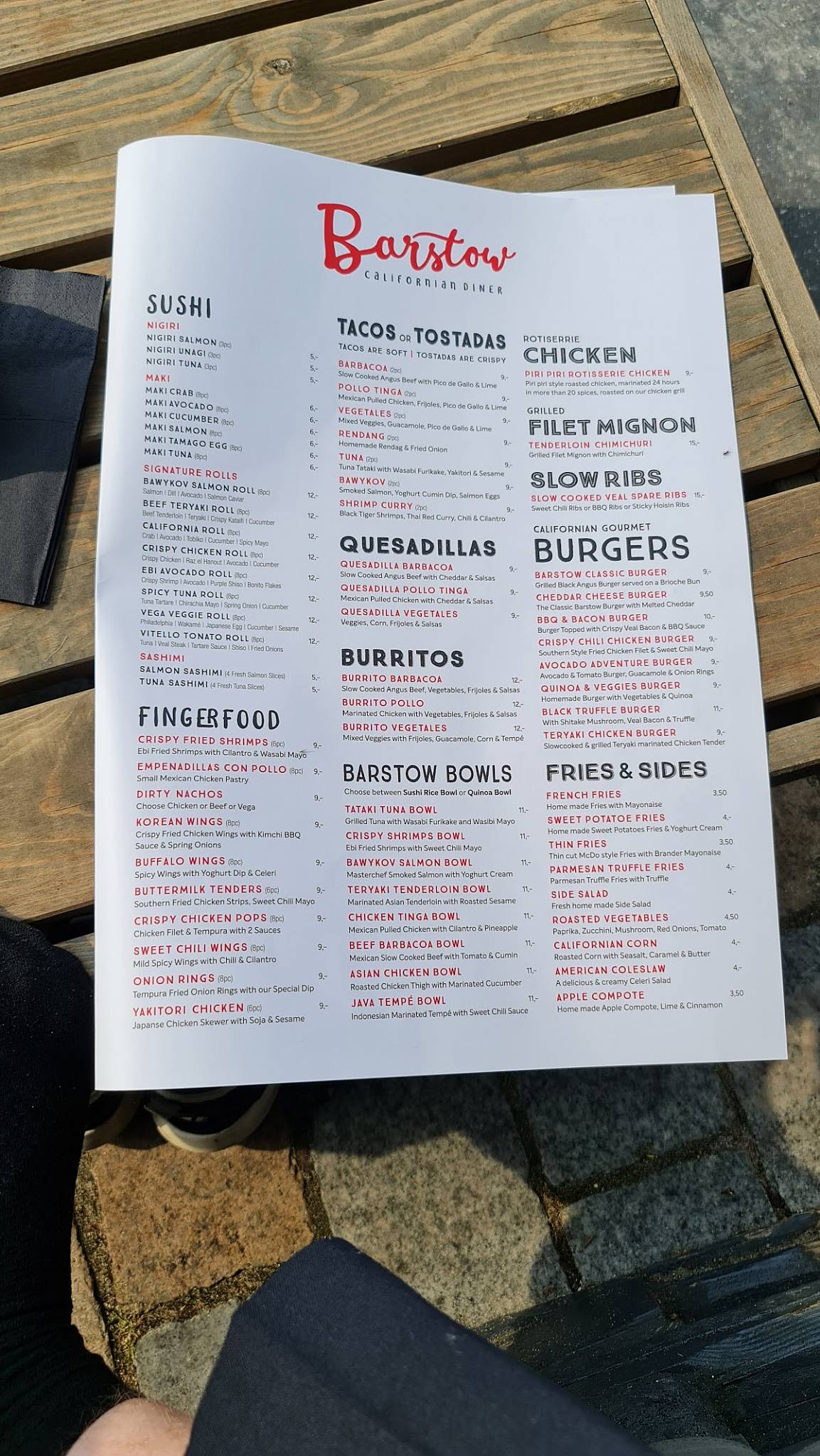 Menu at Barstow, Amsterdam