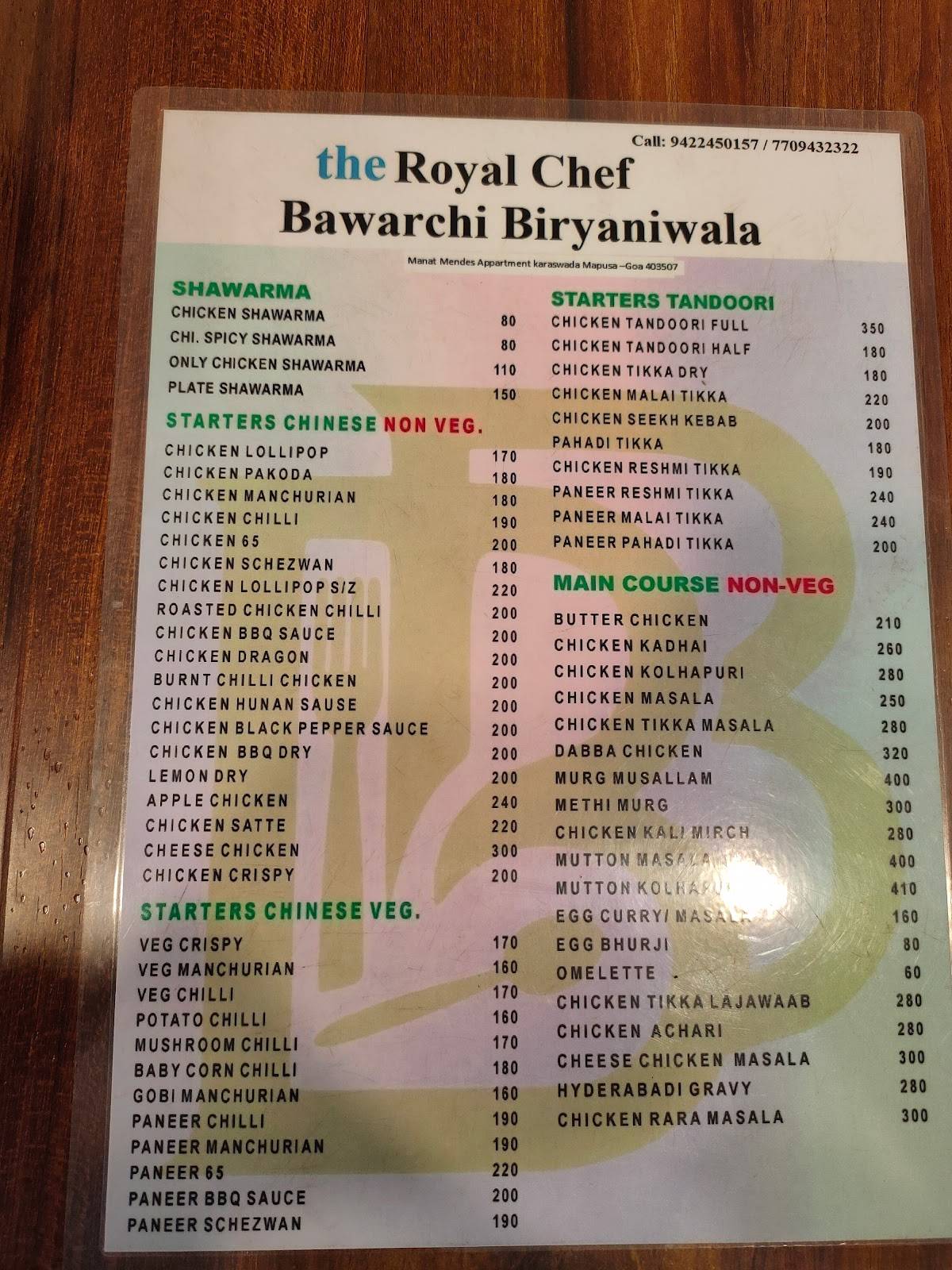 Menu at Bawarchi biryaniwala, Mapusa