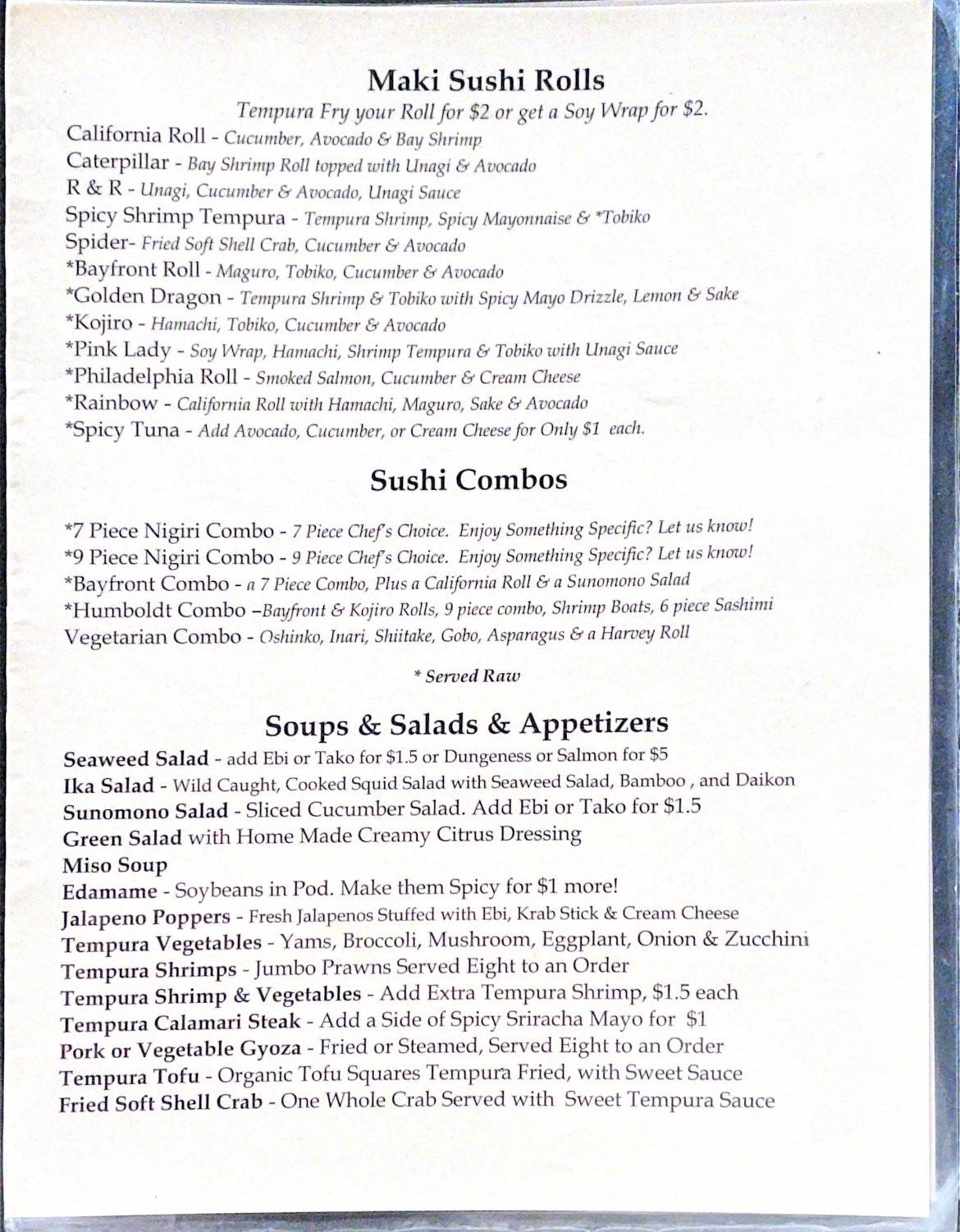 Menu at Bayfront Restaurant, Eureka