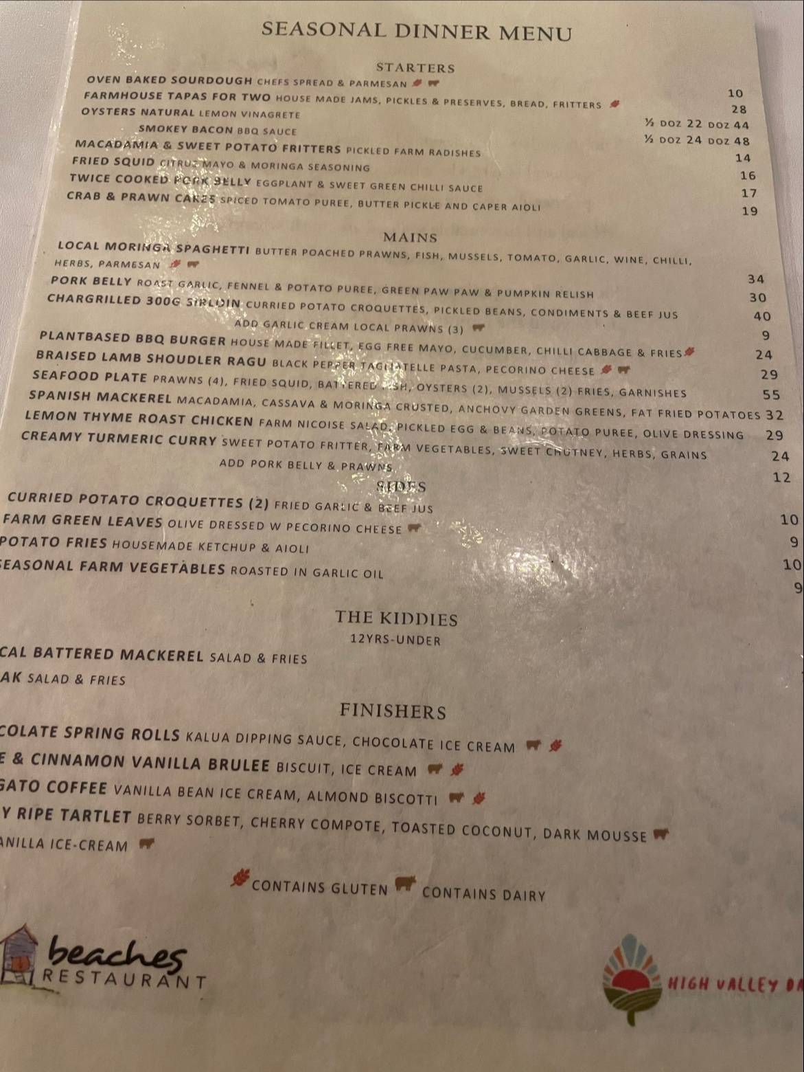 Menu at Beaches Restaurant, Rosslyn, 34 Vin E Jones Memorial Dr