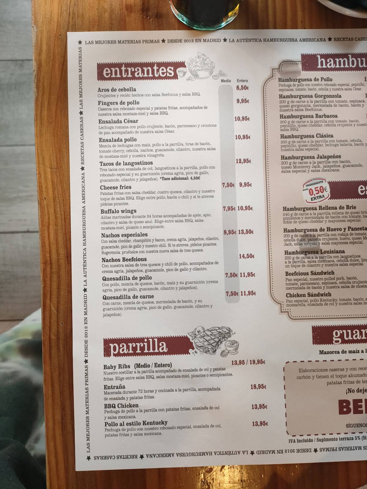 Carta del restaurante Beefcious Las Tablas, Madrid, P.º del la Tierra del Melide