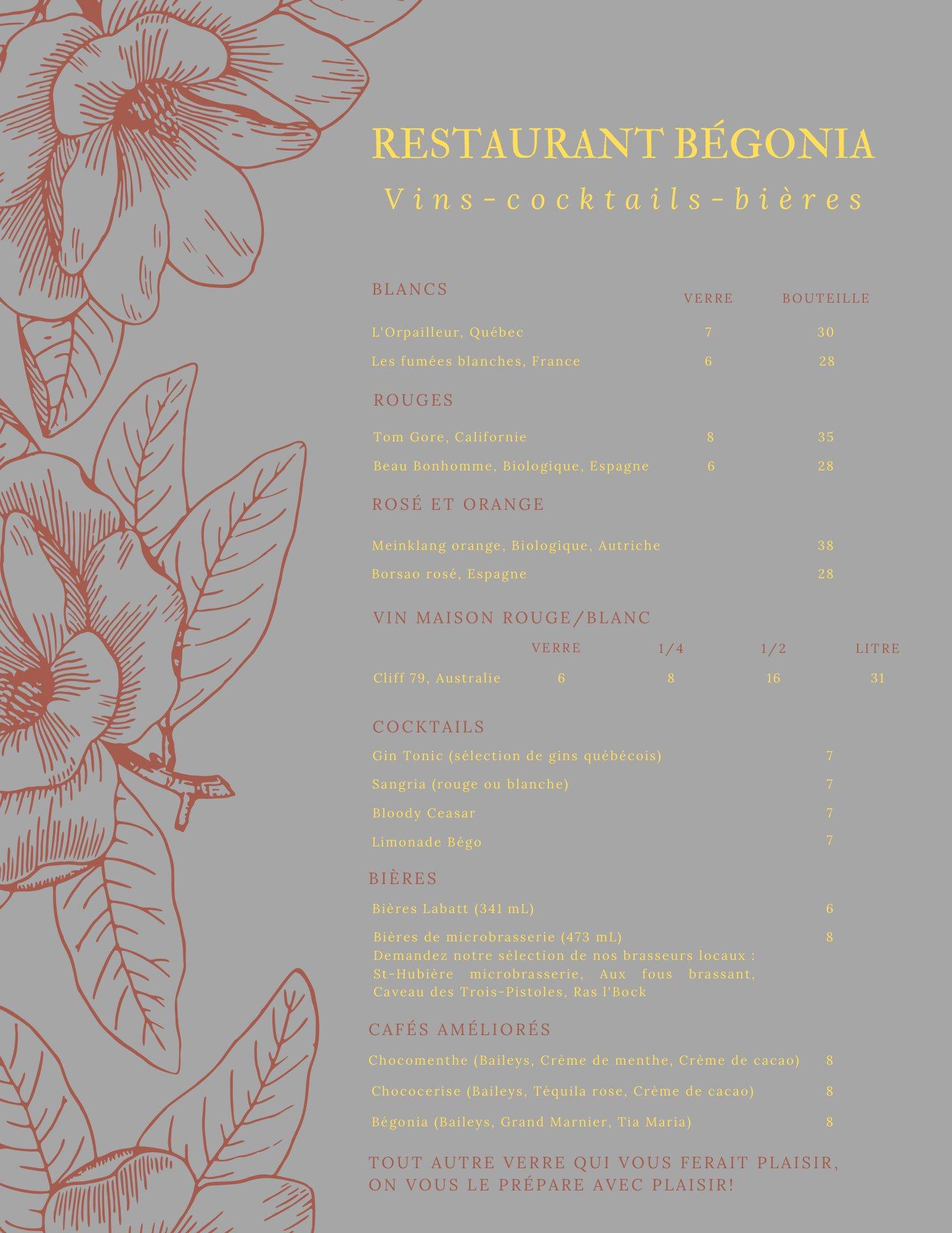 Menu au Restaurant Bégonia Inc, Canada