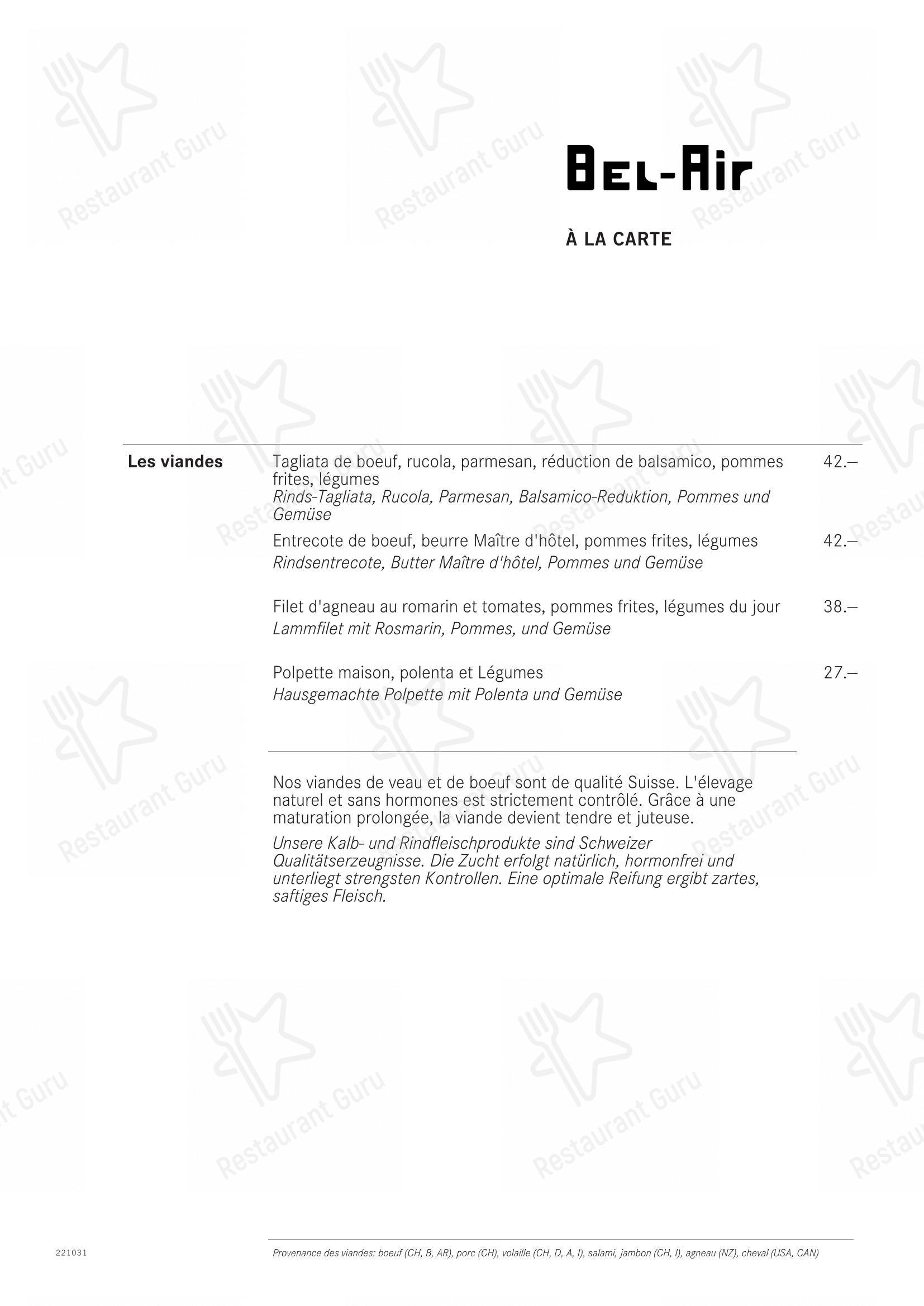 Carta de Restaurant Bel-Air, Biel/Bienne