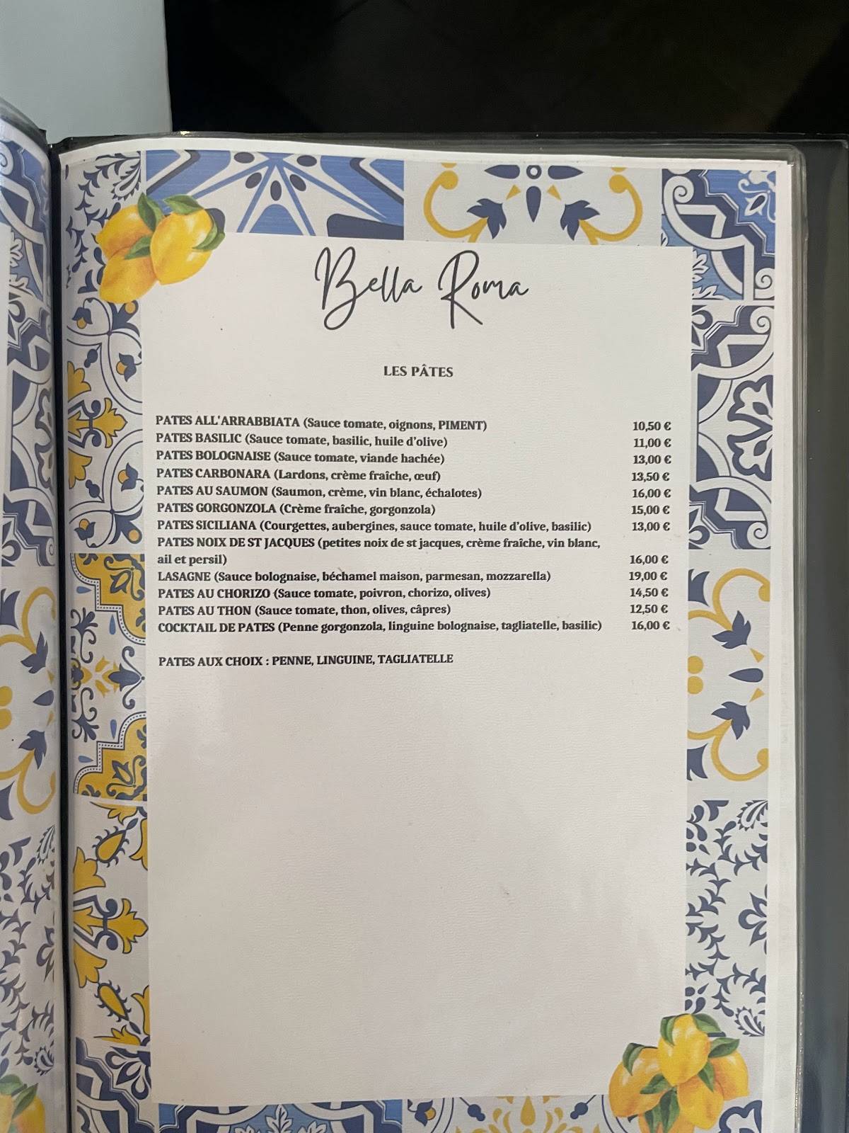 Menu au Bella Roma restaurant, Saint-Leu-la-Forêt