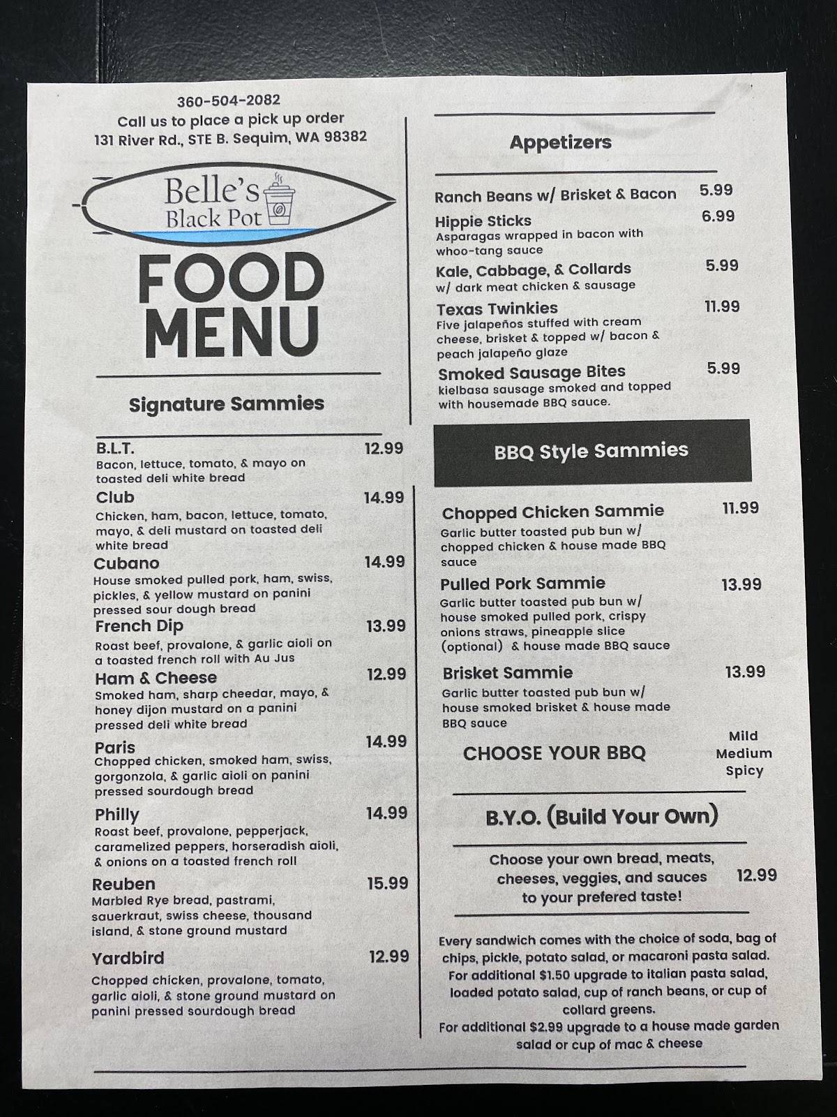 Menu at Belle’s Black Pot, Sequim