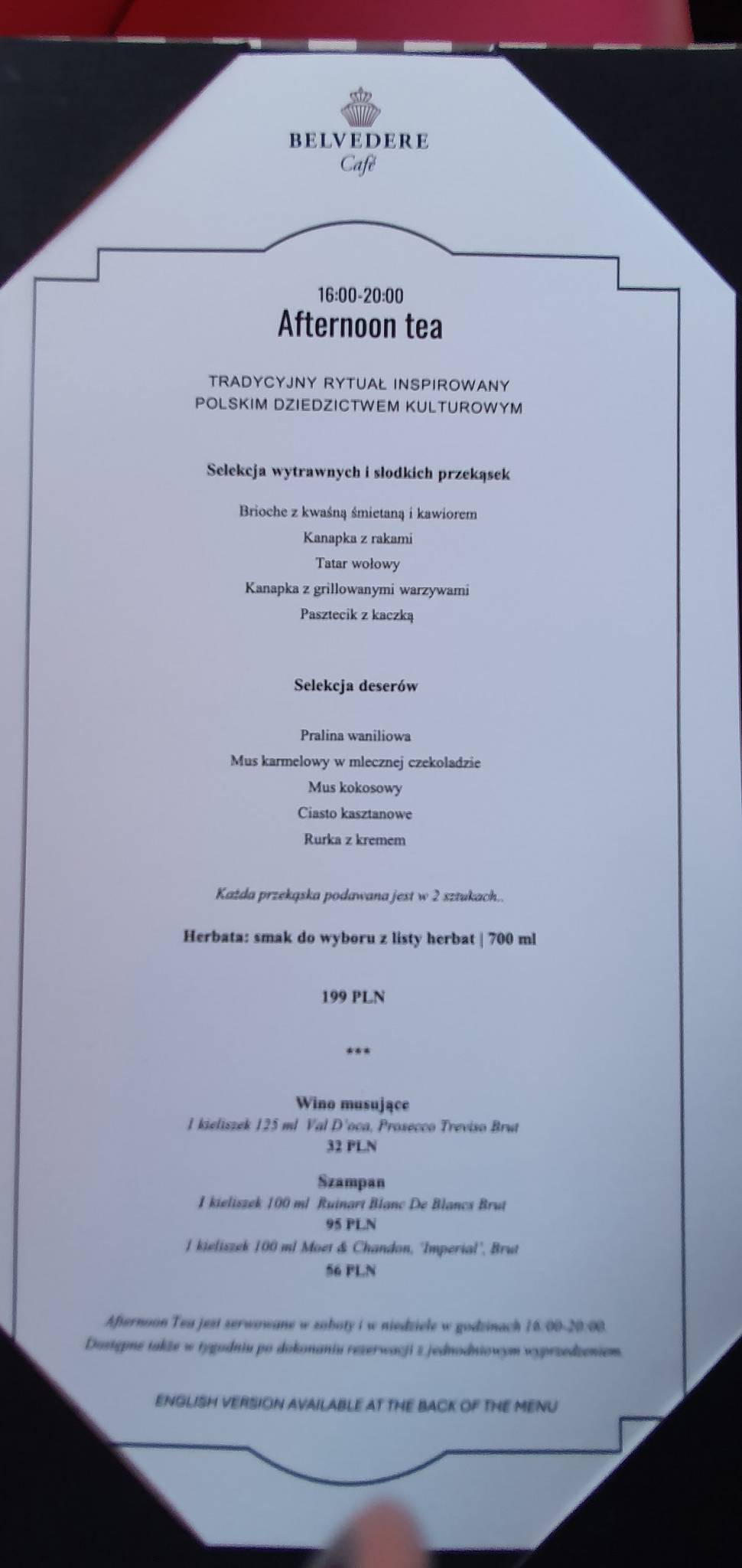 Menu at Belvedere Café restaurant, Warsaw