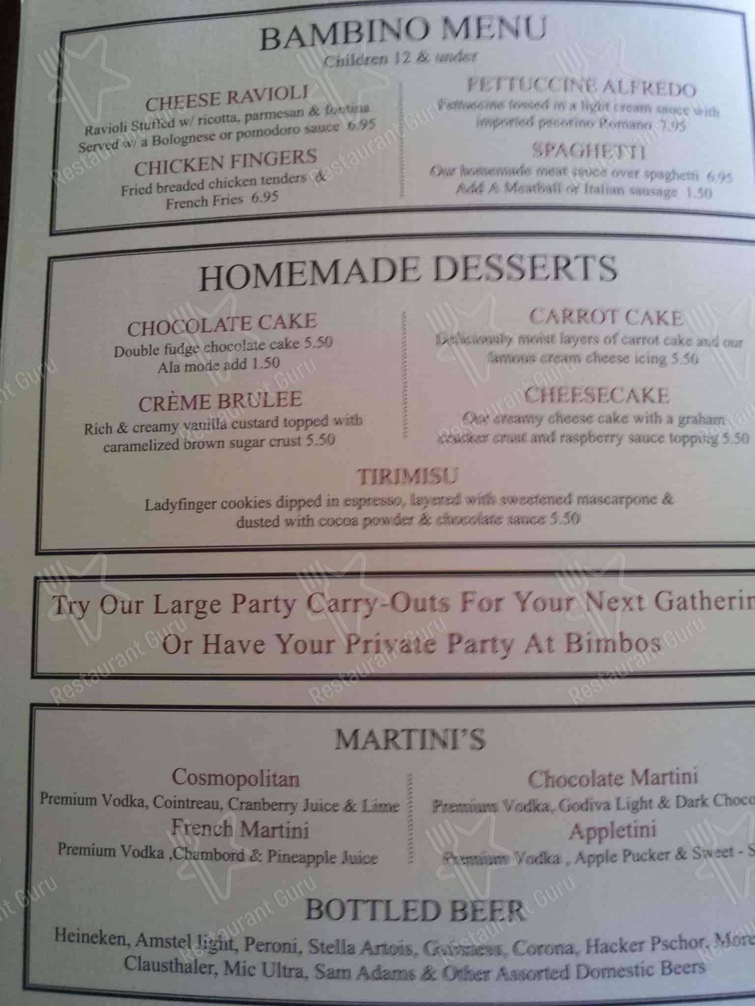 Menu at Bimbo's Italian Restaurant, McHenry